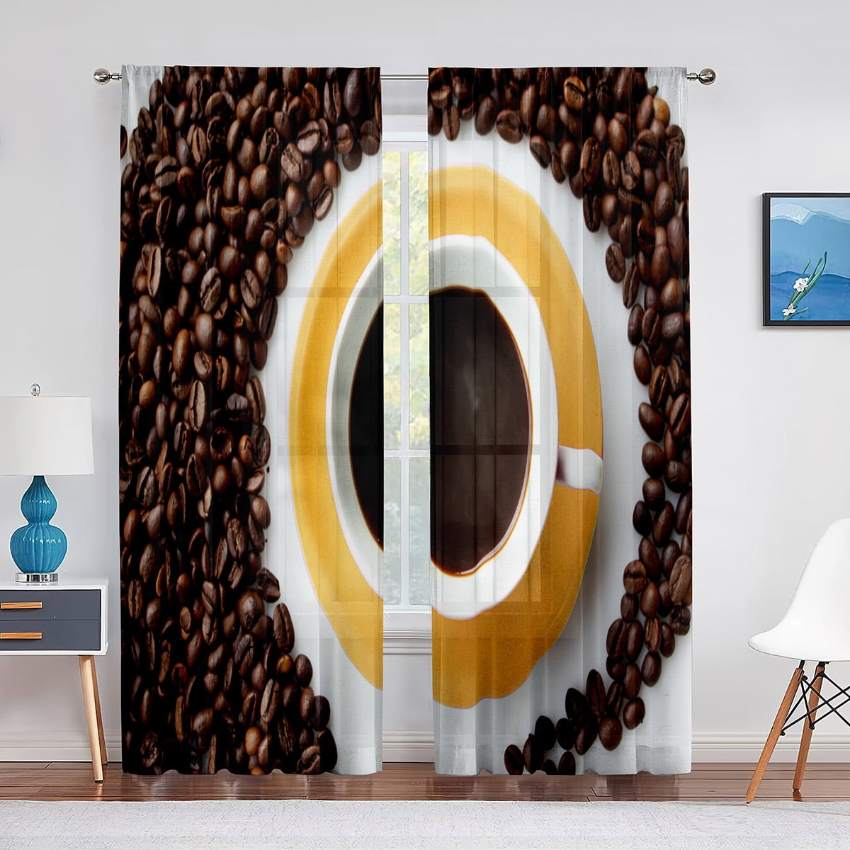 Coffee Beans Porcelain Cup Sheer Curtains for Living Room Bedroom ...