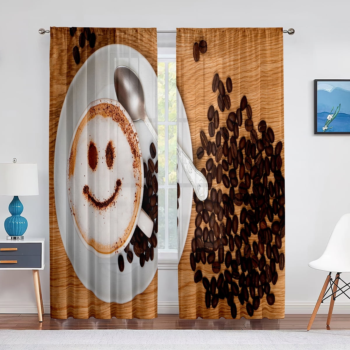 Coffee Beans Porcelain Cup Sheer Curtains for Living Room Bedroom ...