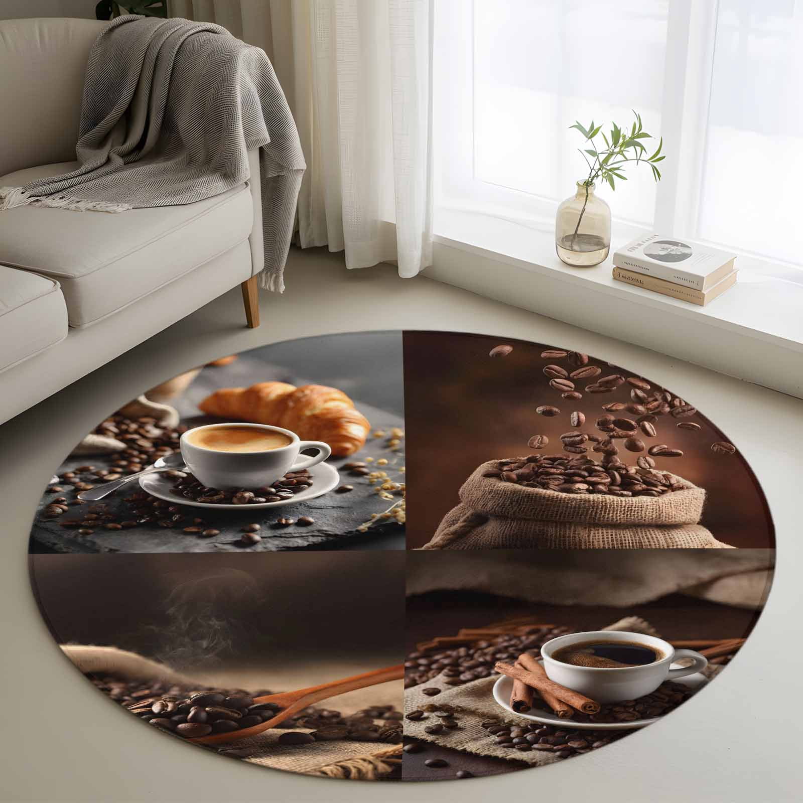 Coffee Beans Round Rug 4ft Washable Circle Entryway Rugs Non Slip Brown ...