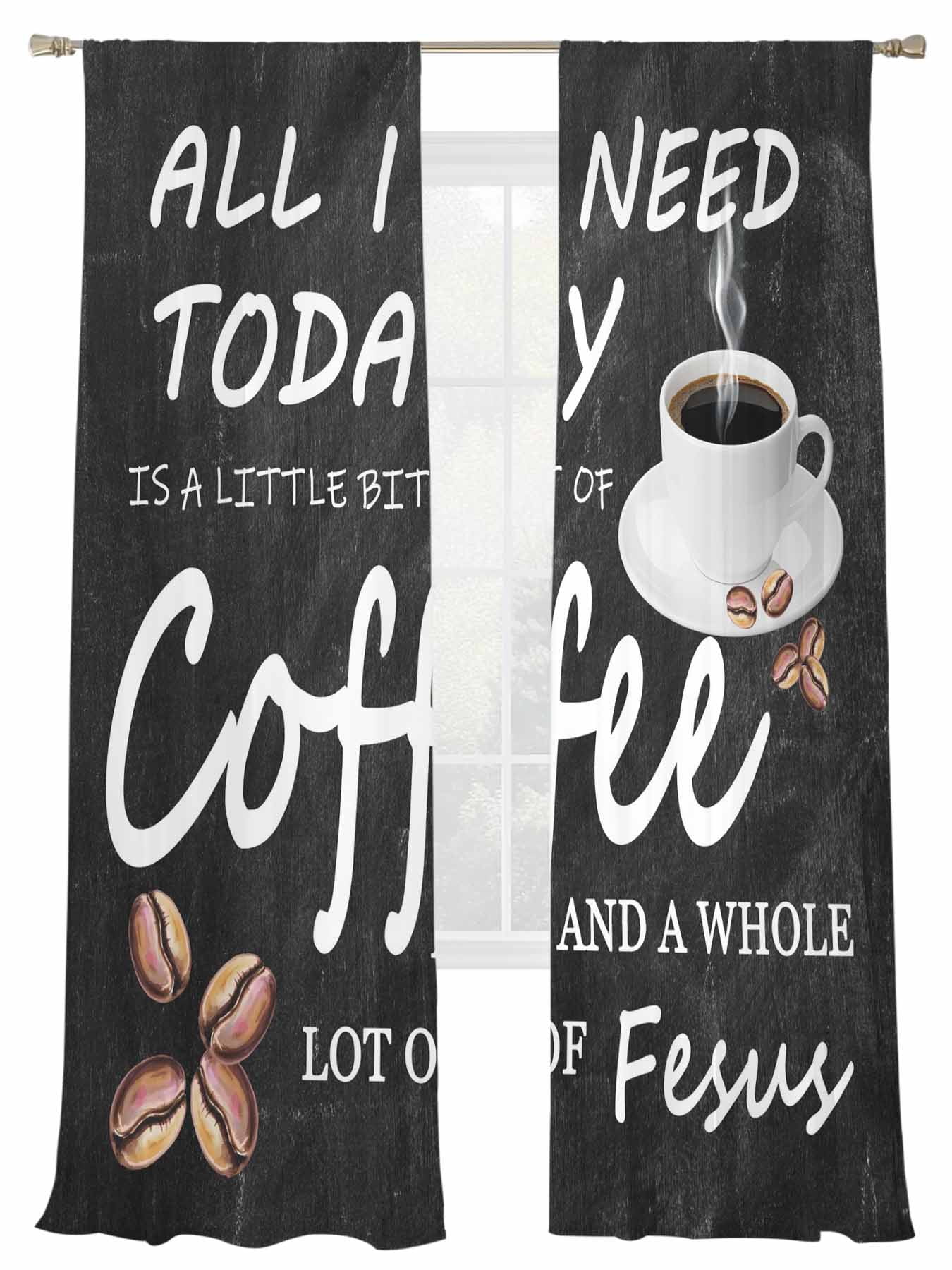Coffee Beans Sheer Curtains 108 Inch Long 2 Panels, Coffee Cup Letterings Black Light Filtering ...