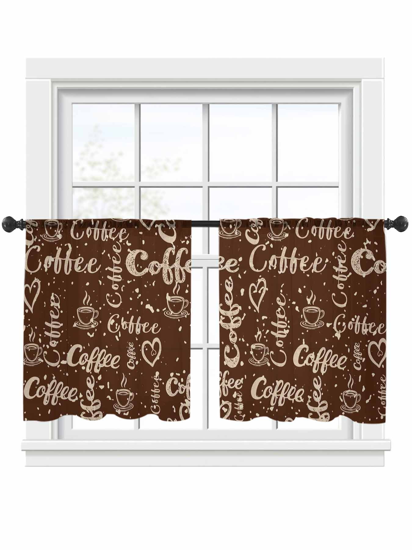 Coffee Beans Sheer Curtains 2 Panels Set Love Heart Vintage Brown Sheer ...