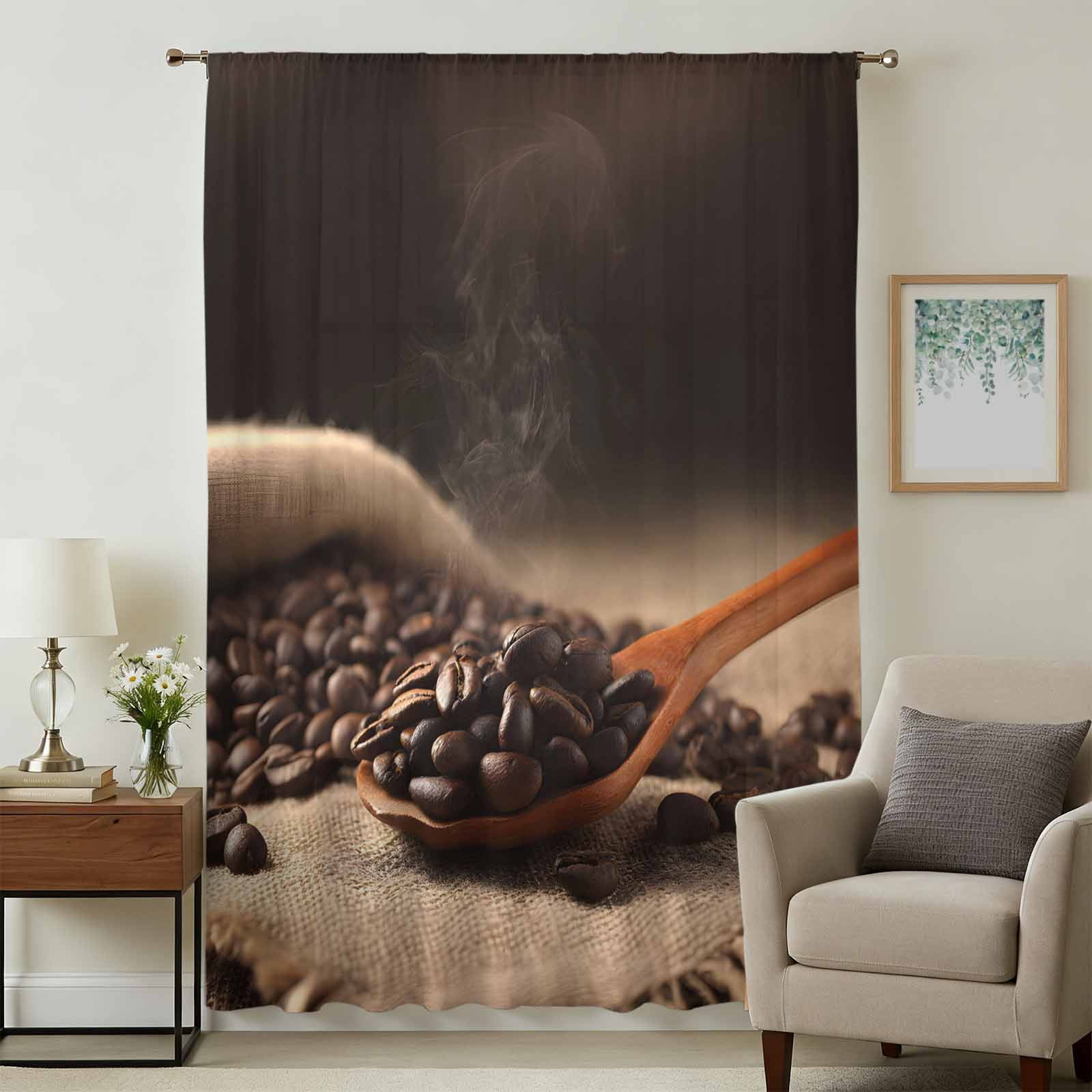 Coffee Beans Sheer Curtains 45 Inches Long, Vintage Wooden Spoon Dark ...