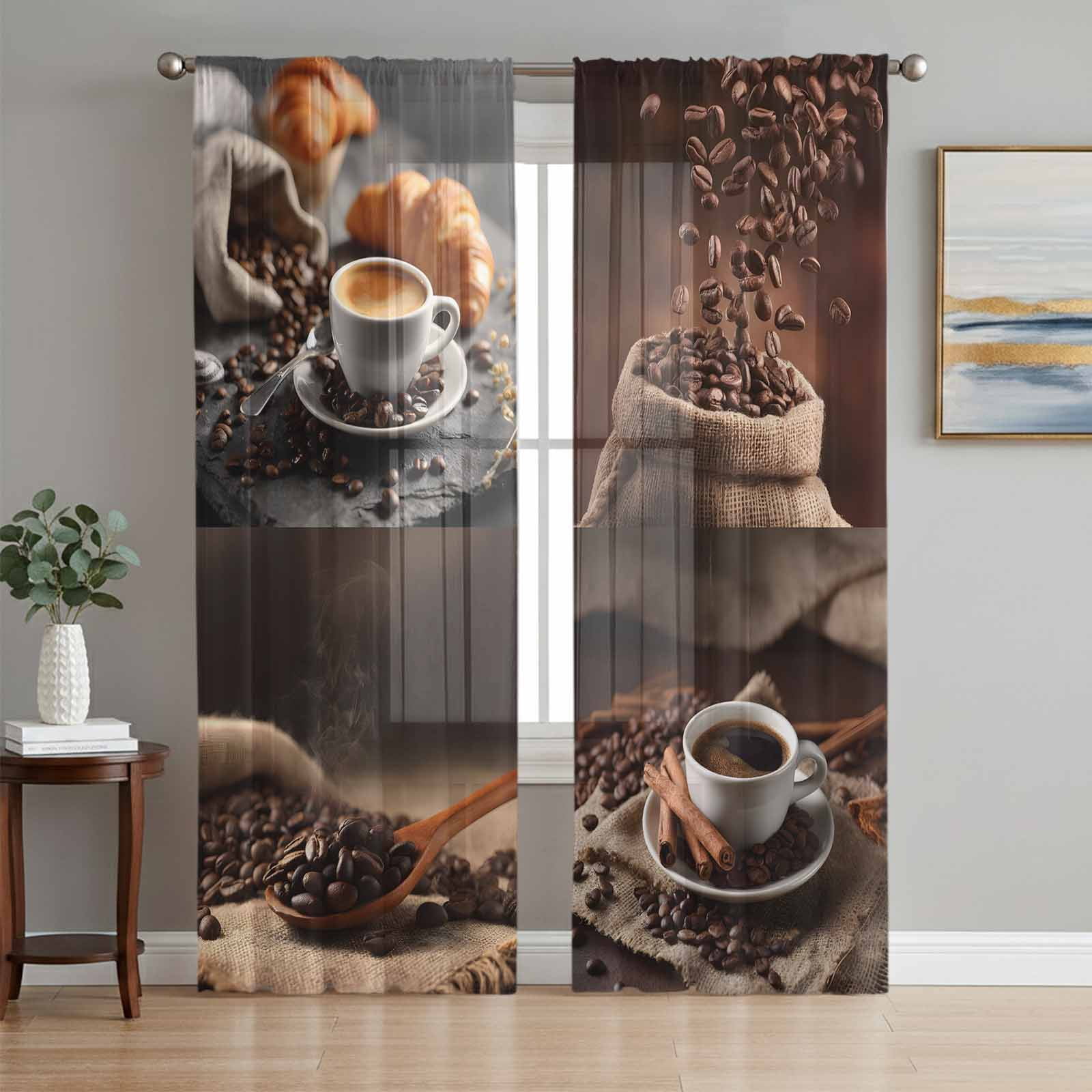 Coffee Beans Sheer Curtains 84 Inch Length 2 Panels Set, Brown Hot Cafe ...
