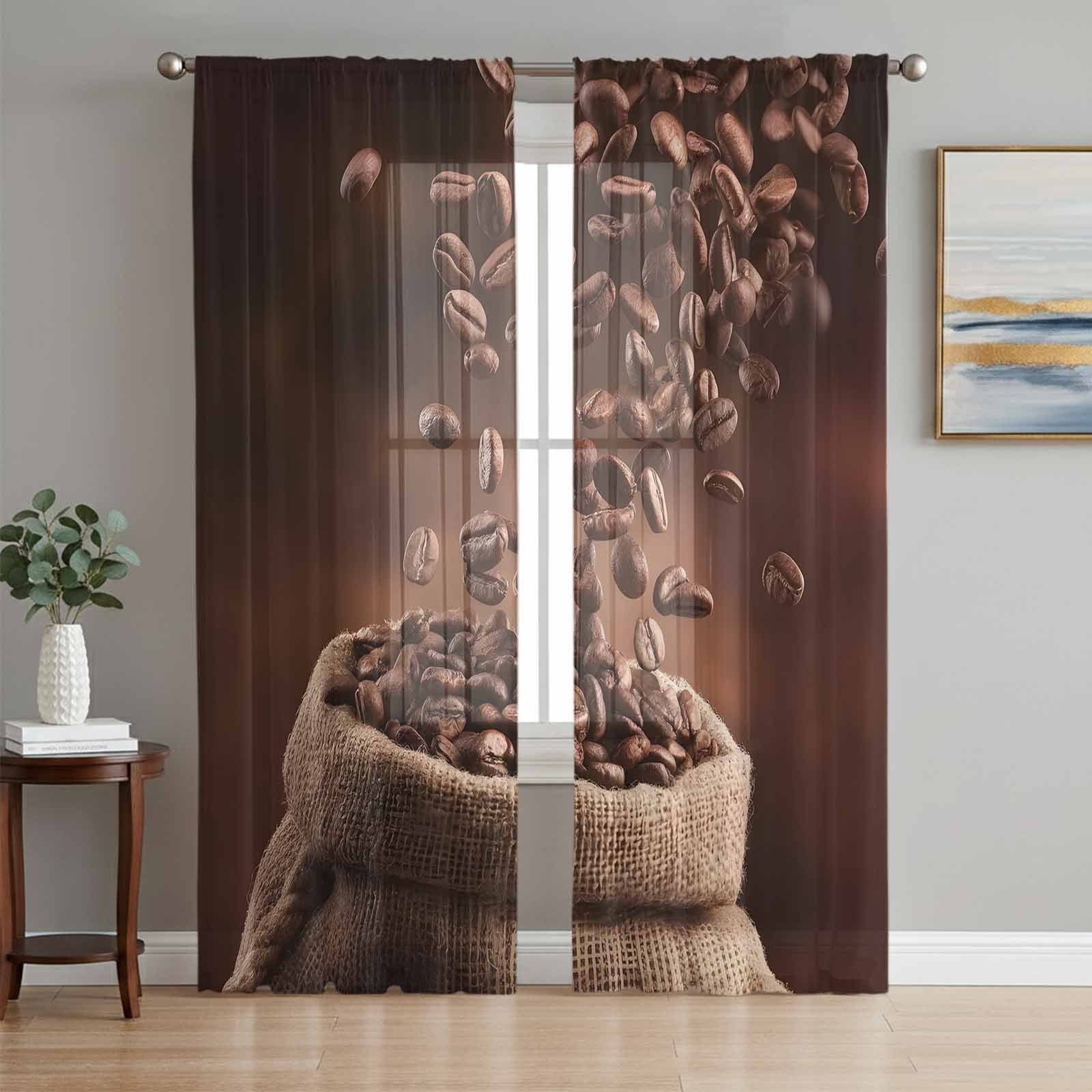 Coffee Beans Sheer Curtains 84 Inch Length 2 Panels Set, Dark Brown ...