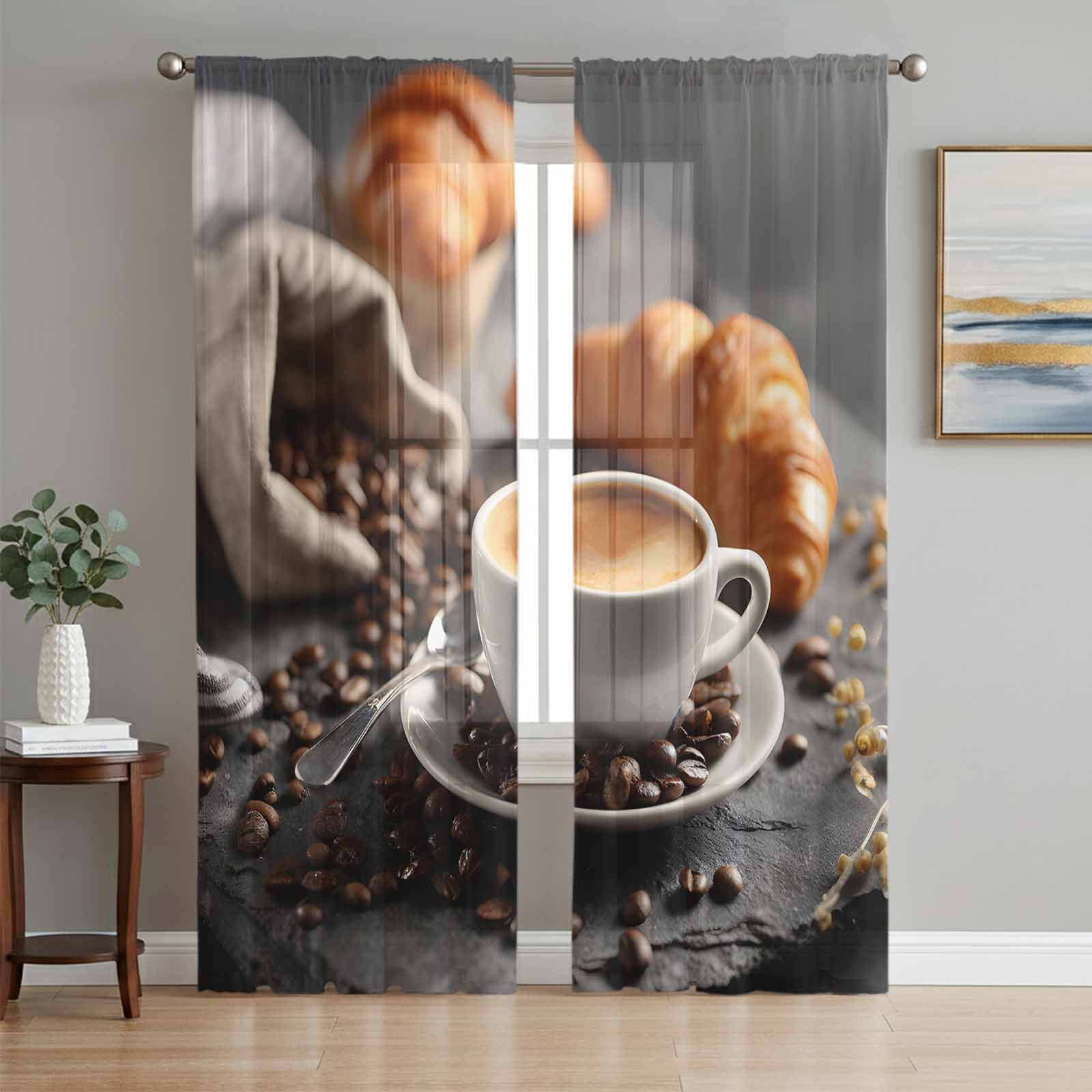 Coffee Beans Sheer Curtains 84 Inch Length 2 Panels Set, Hot Latte Cup ...