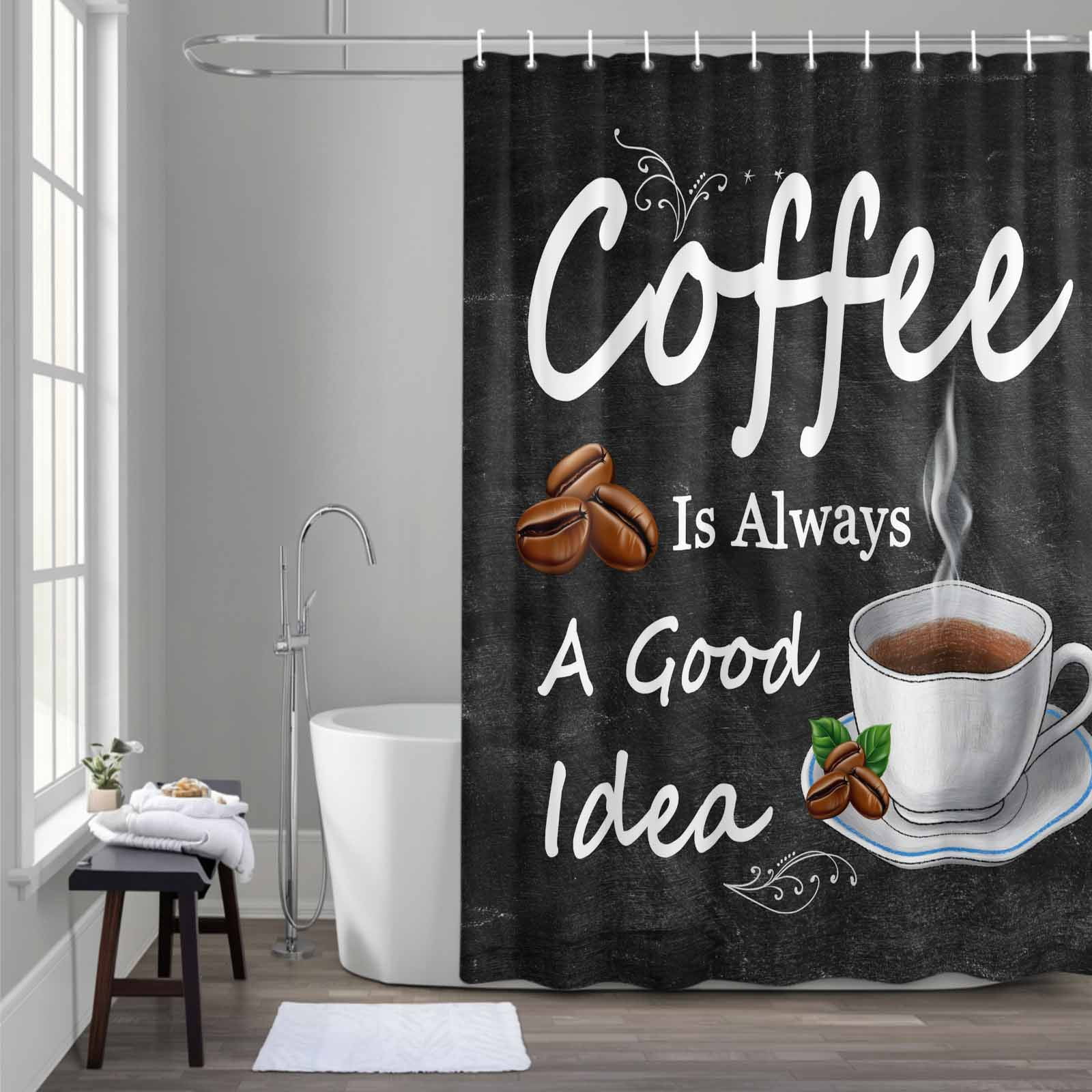 Coffee Beans Shower Curtain for Bathroom Decor, Coffee Cup Letterings ...