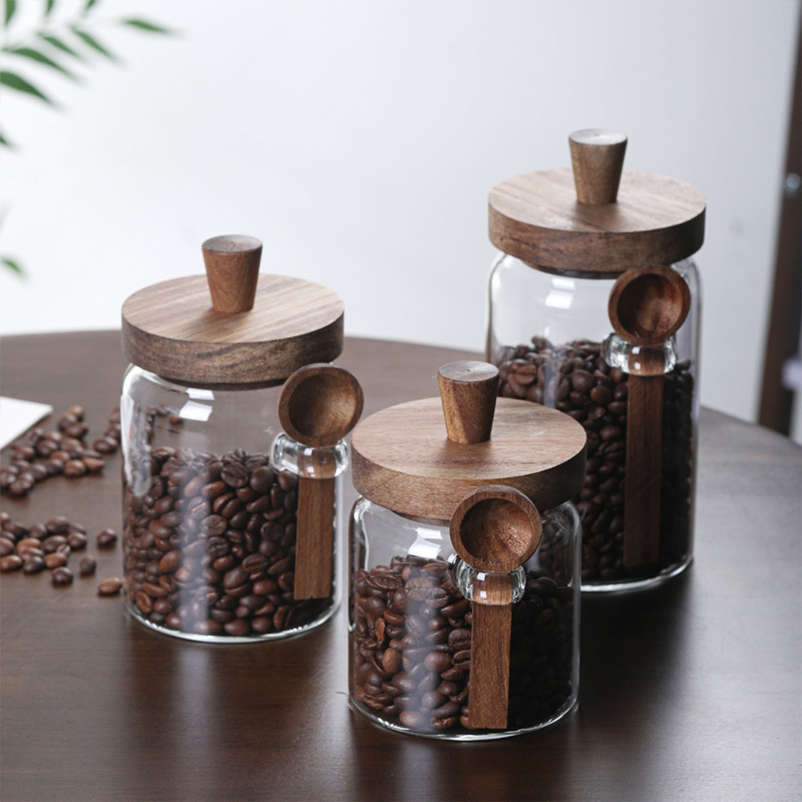 Coffee Beans Storage Can, Airtight Glass Jar with Wooden Lid and Spoon ...