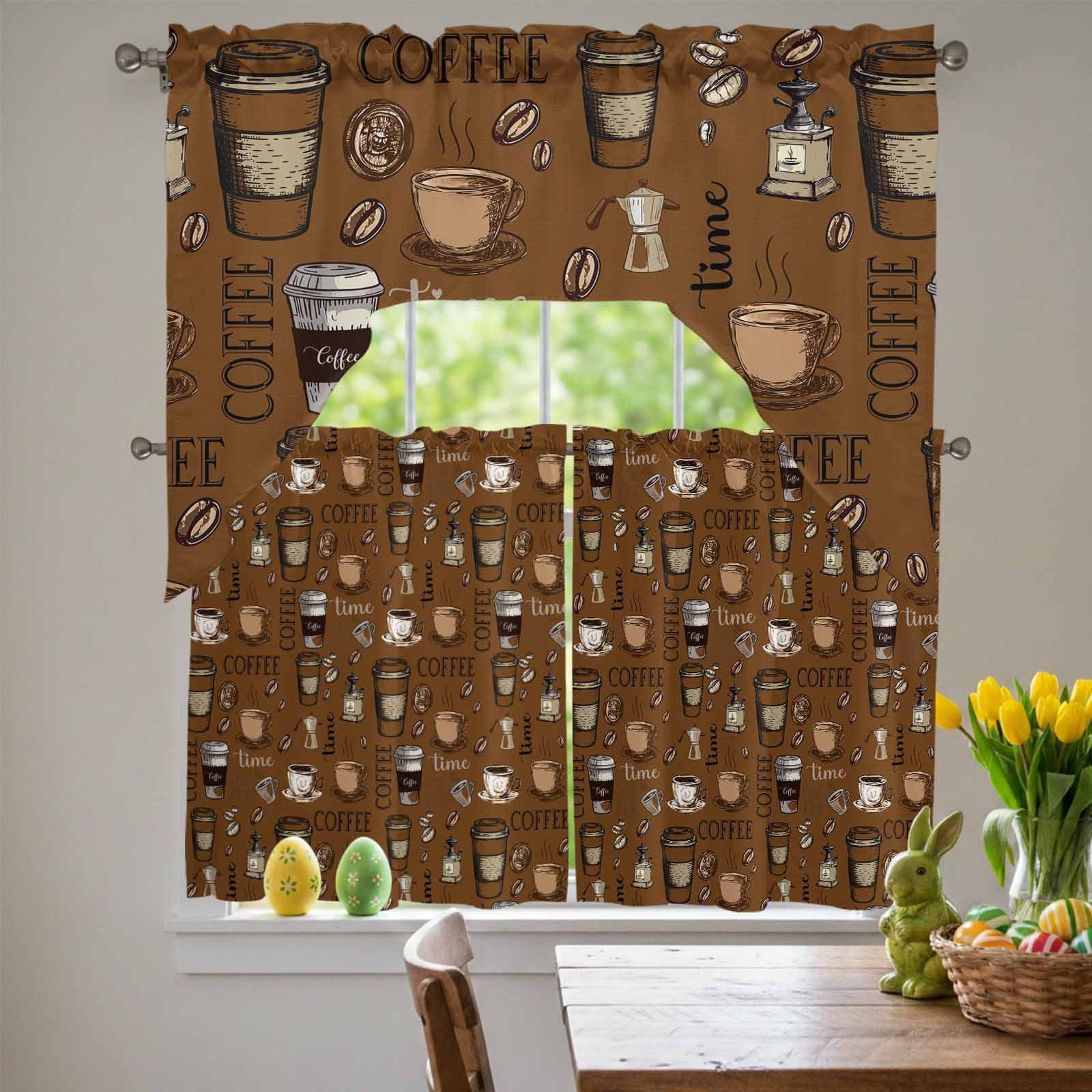 Coffee Beans Swag Curtains Valance & Tier Set, Vintage Abstract White ...