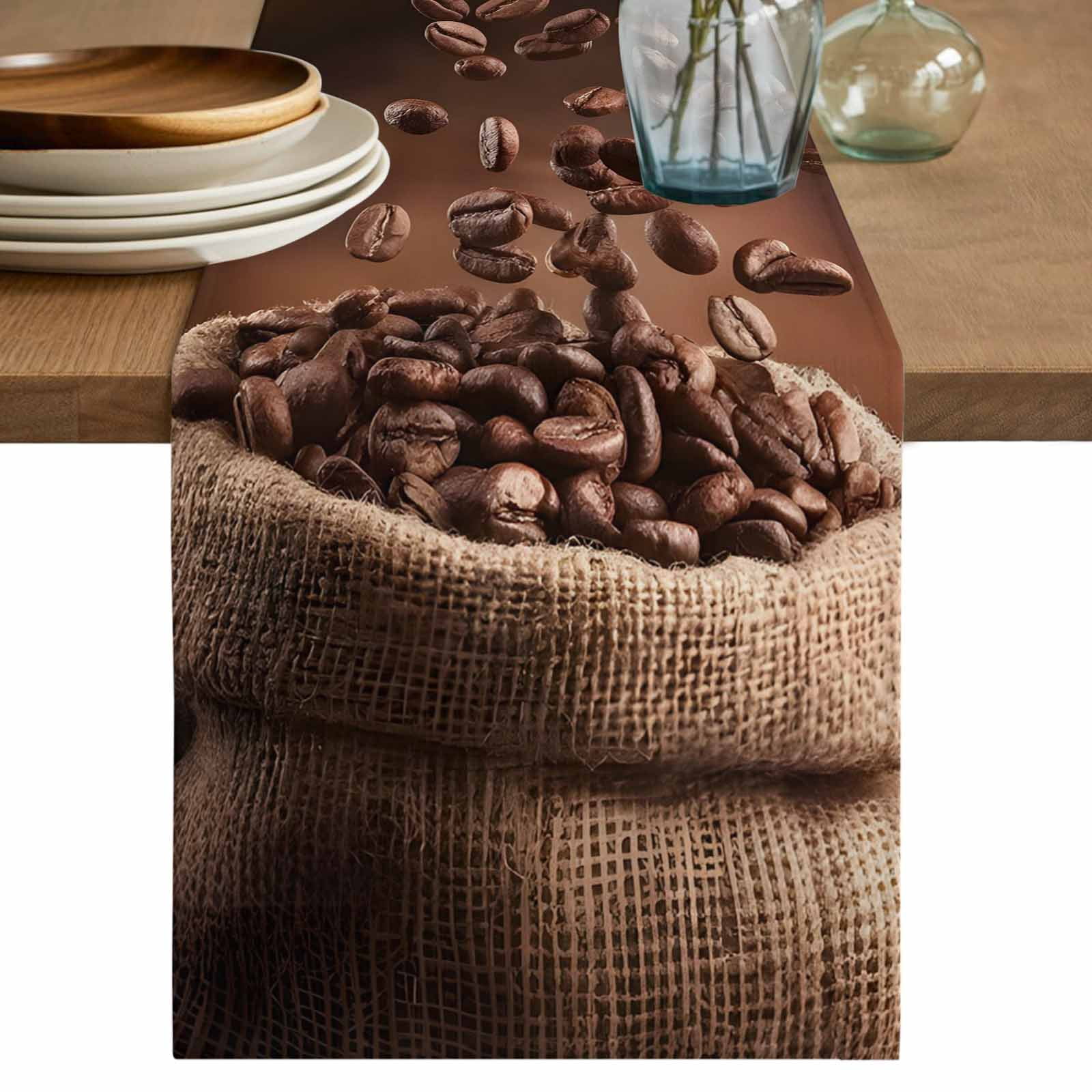 Coffee Beans Table Runner 72 Inches, Dark Brown Falling Cafe Bean Sacks ...