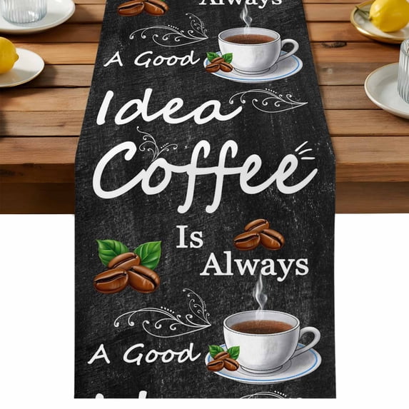 Coffee Beans Table Runner, Coffee Cup Letterings Art Print Cotton Linen ...