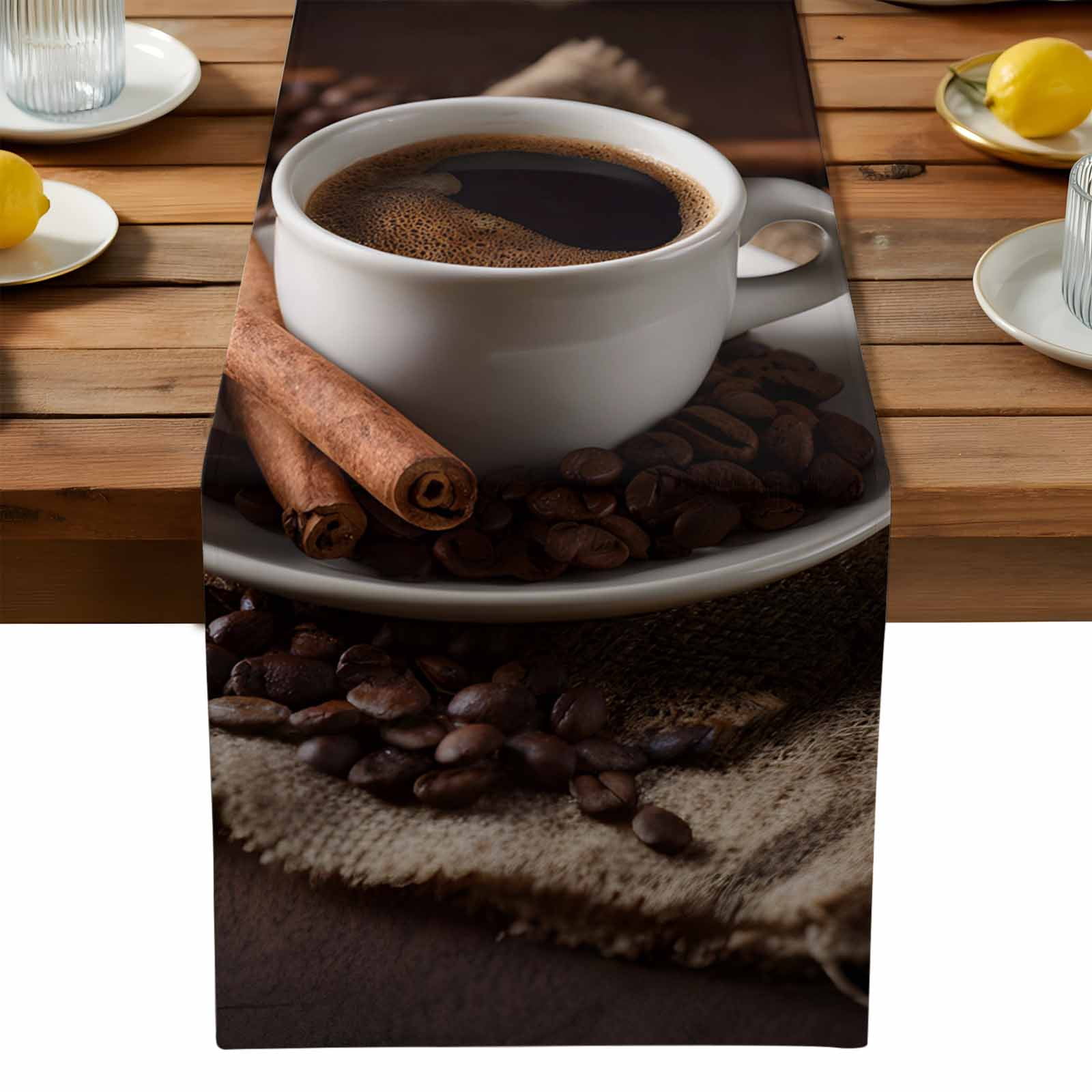 Coffee Beans Table Runner, Modern Hot Coffee Cinnamon Rolls Washable ...