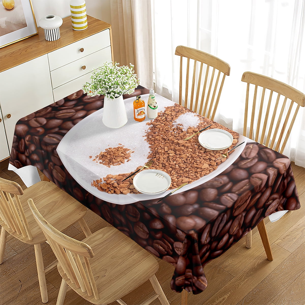 Coffee Beans Tablecloth Yin and Yang Pattern Table Cover Rectangle for ...