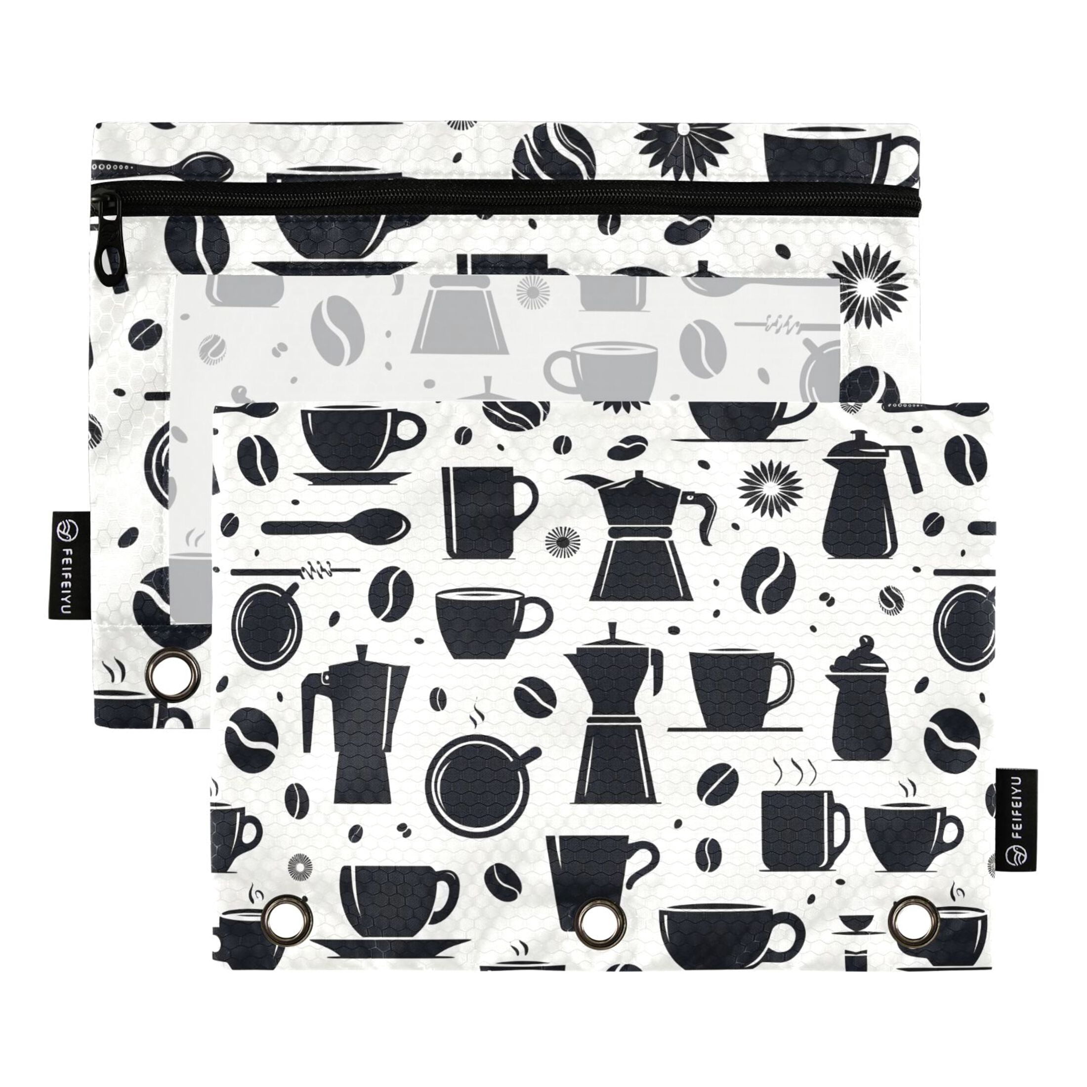 Coffee Beans and Cups Silhouettes 2 Pack Pencil Pouch for 3 Ring Binder ...