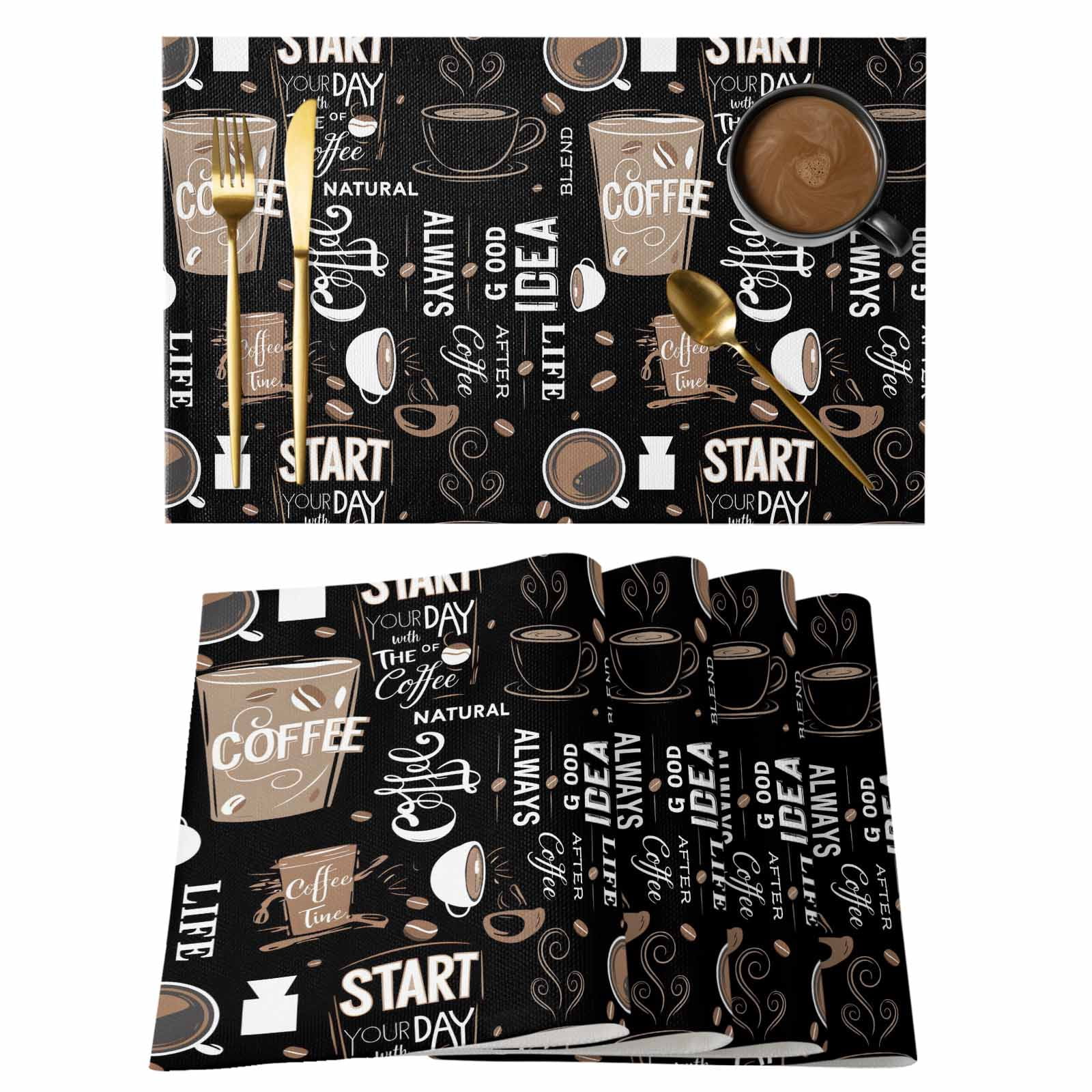 Coffee Black Placemats Set of 6, Cotton Linen Fabric Place Mats, Brown ...