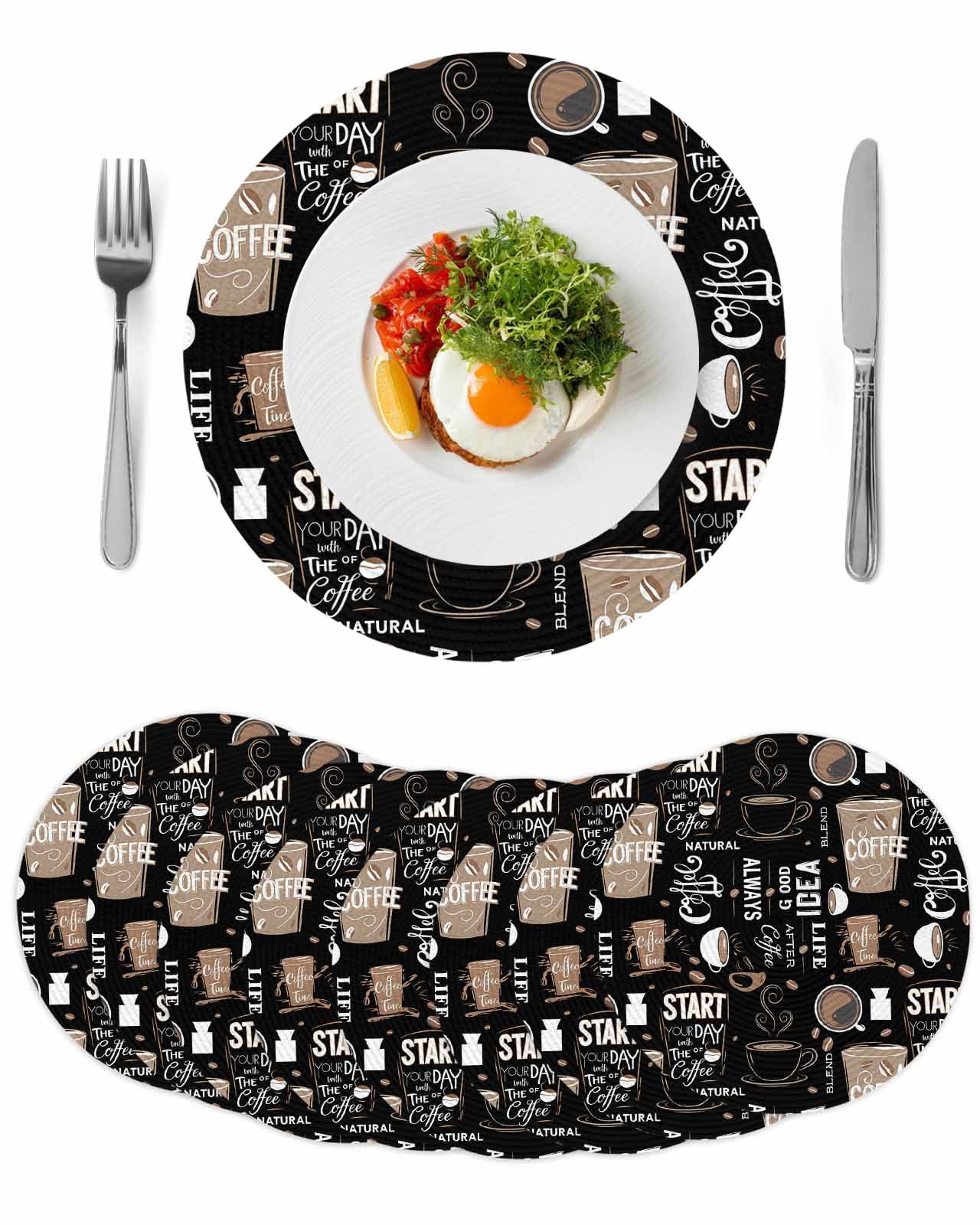 Coffee Black Round 15 Inch Placemats Set of 8, Brown Beans Cup Dessert ...