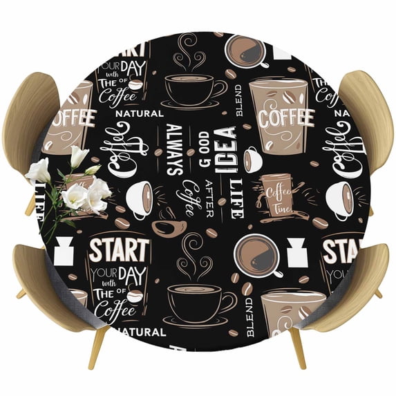 Coffee Black Round Tablecloth, Fitted Table Cover with Elastic for 55 ...