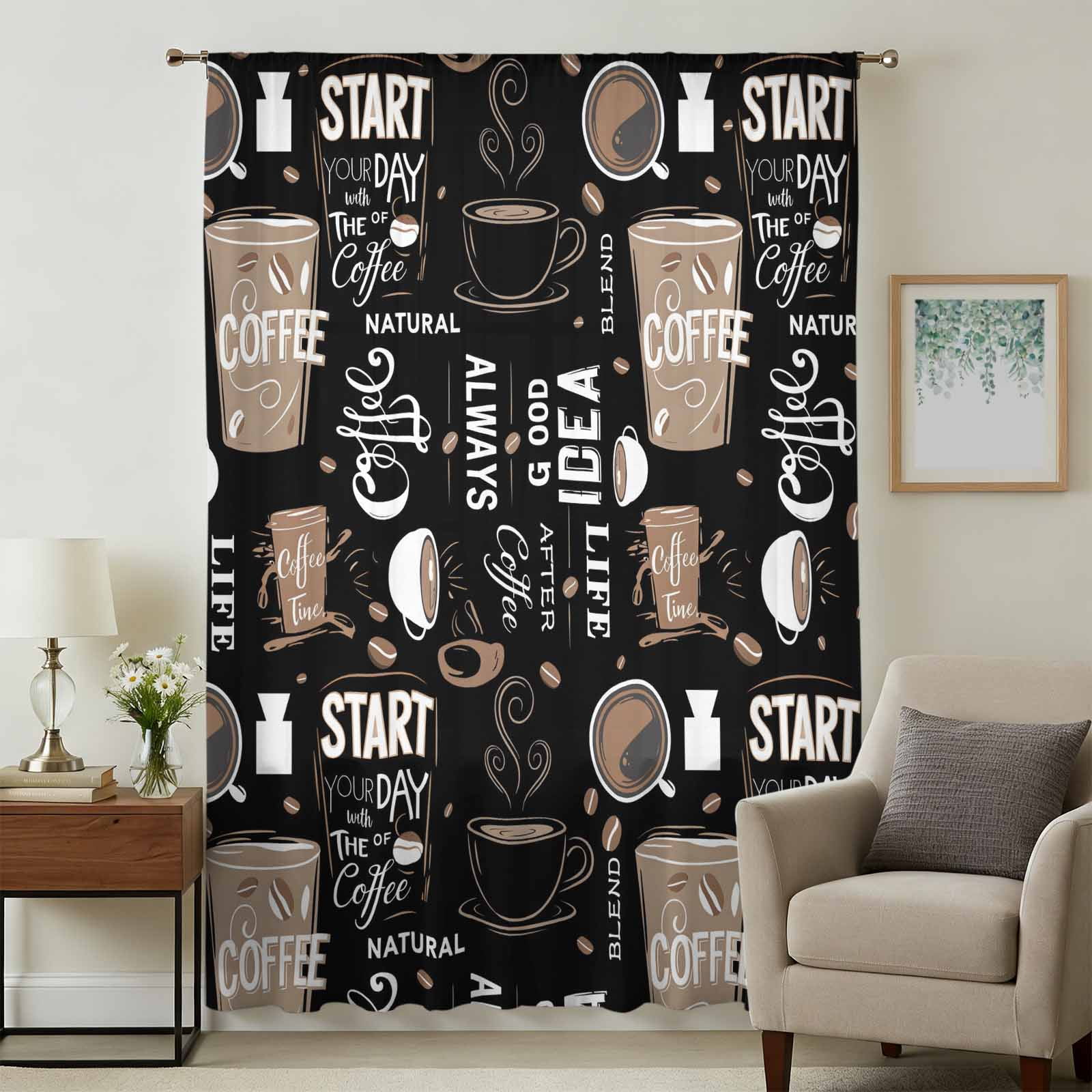 Coffee Black Sheer Curtains 54 Inches Long, Brown Beans Cup Dessert ...