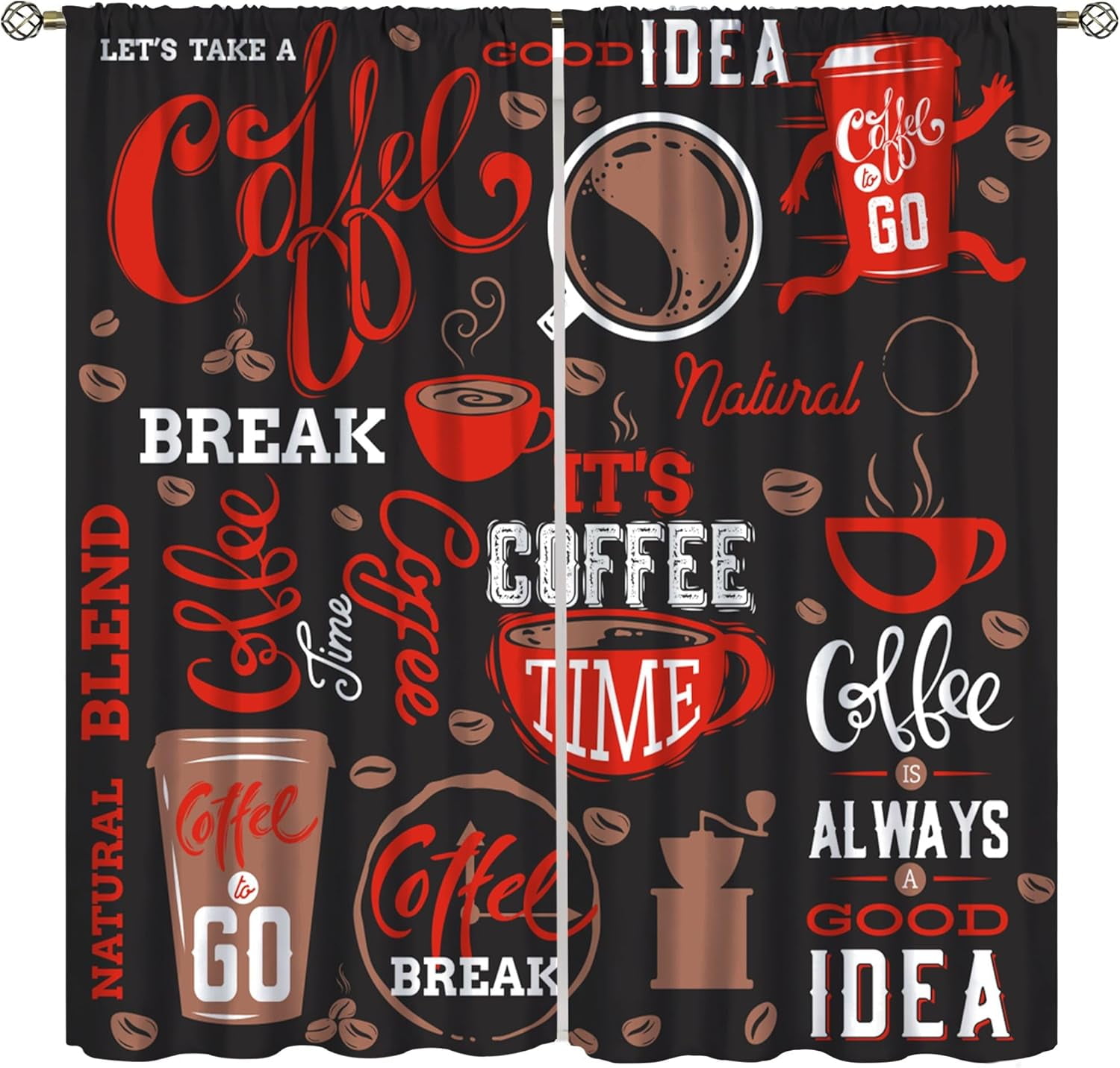 Coffee Blackout Window Curtains, Cute Running Coffee Cup Black Red ...