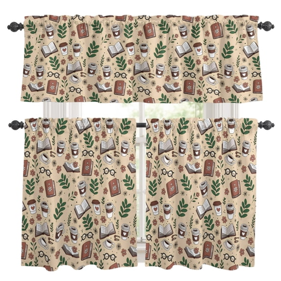 Coffee Books Kitchen Curtains Set for Windows, Retro Books Coffee Cups ...