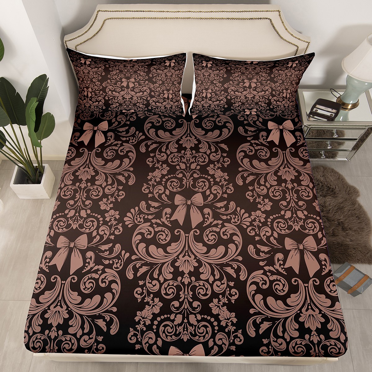 Coffee Bow Knot Fitted Sheet Antique Victorian Damask Bed Sheets Full ...