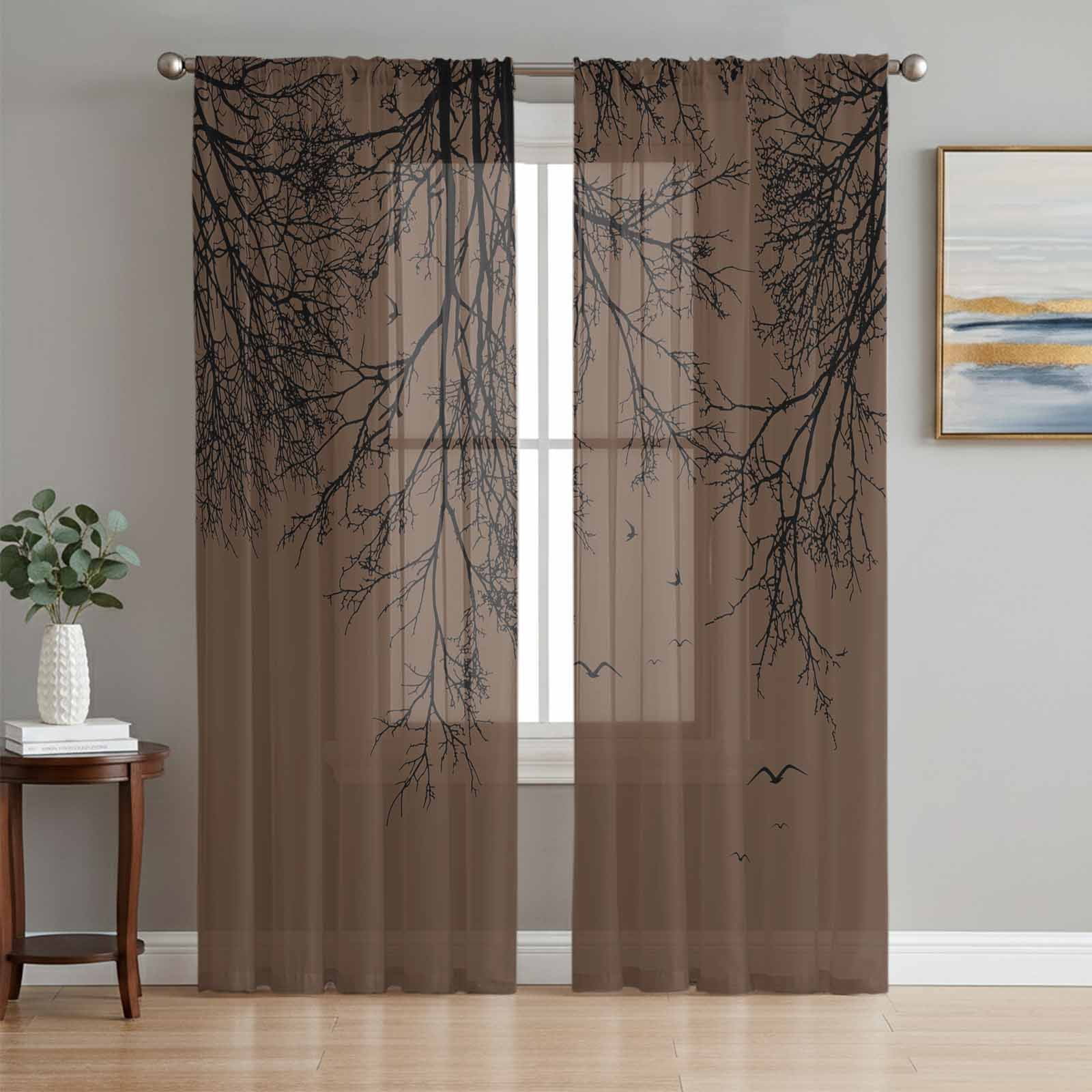 Coffee Brown Black Branches Sheer Curtains 84 Inch Length 2 Panels Set ...
