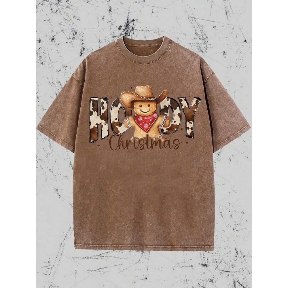 Coffee Brown Christmas Themed Graphic T-Shirt With Cowboy Gingerbread ...