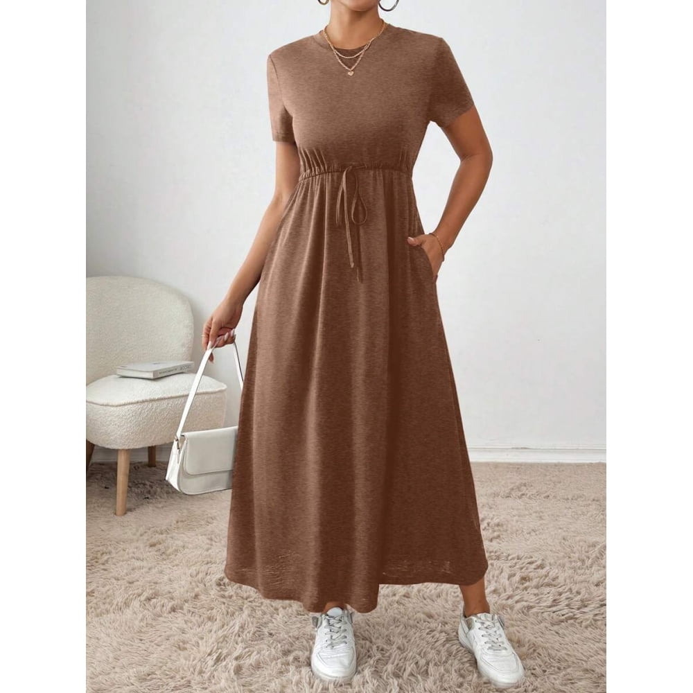 Coffee Brown Drawstring Waist A-Line Midi Dress With Side Pockets ...