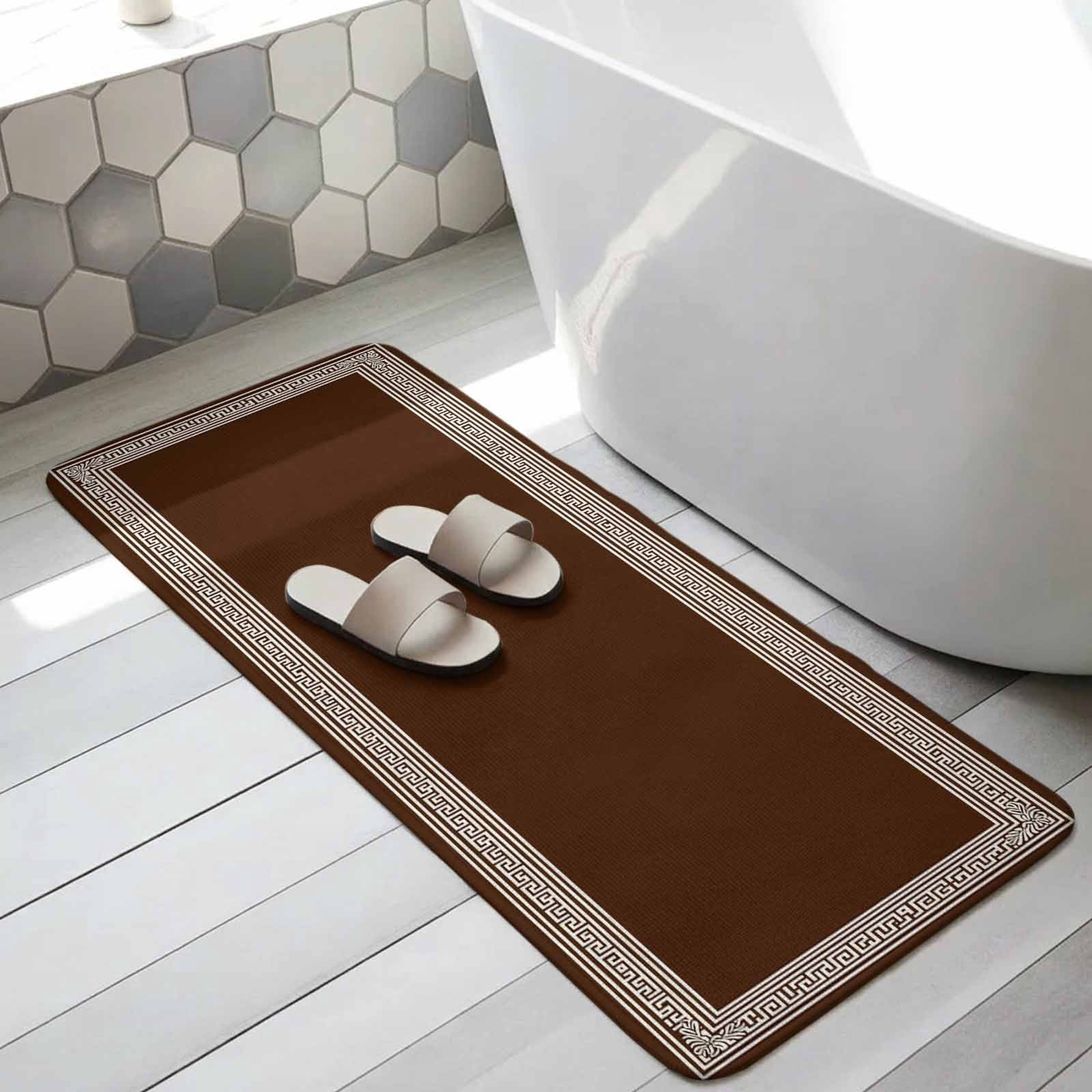 Coffee Brown Greek Key Bathroom Runner Rugs Non Slip Washable Absorbent ...