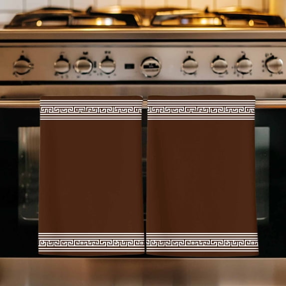 Coffee Brown Greek Key Kitchen Towels Set of 3, Geometric Greece ...