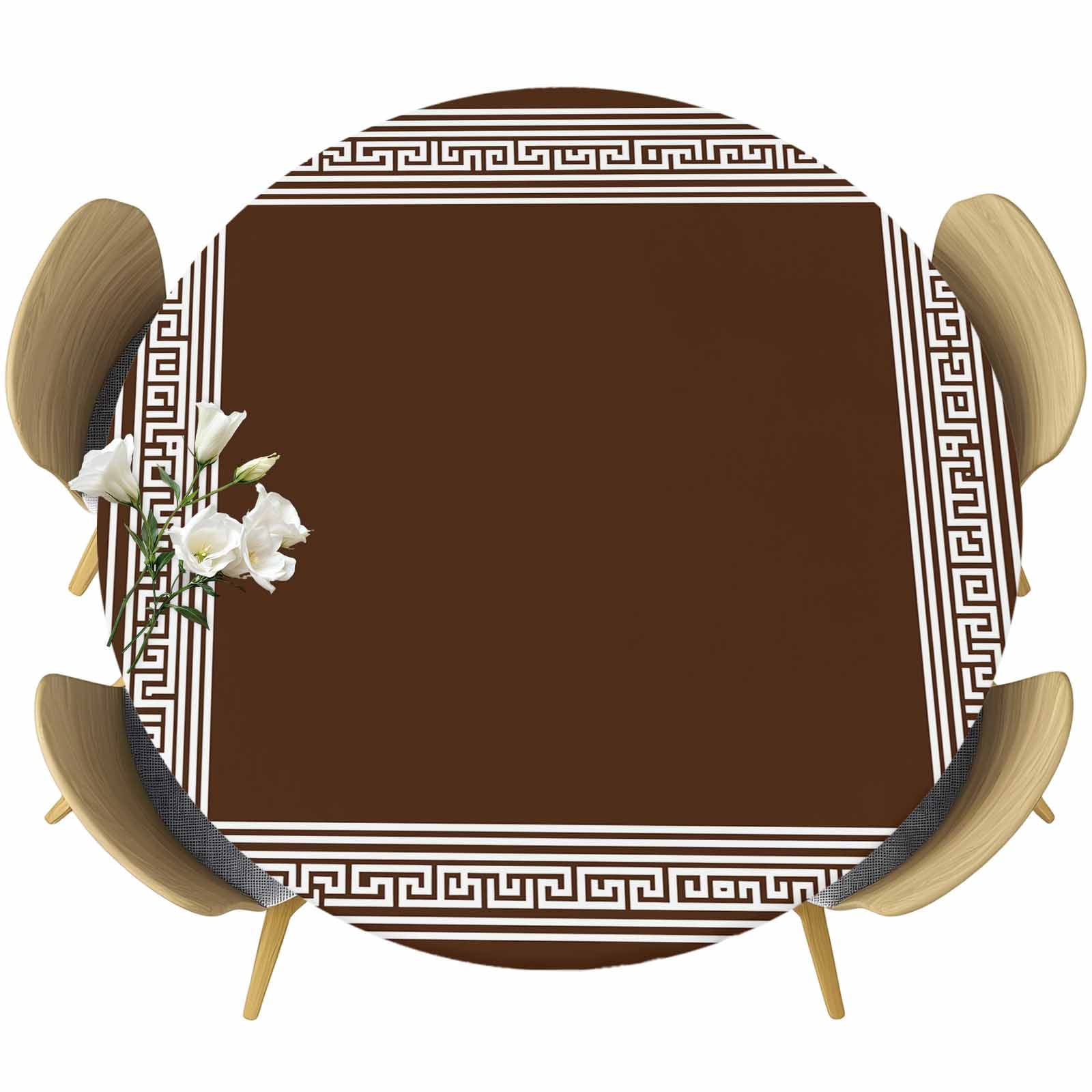 Coffee Brown Greek Key Table Cloth, Round Fitted Tablecloths with ...