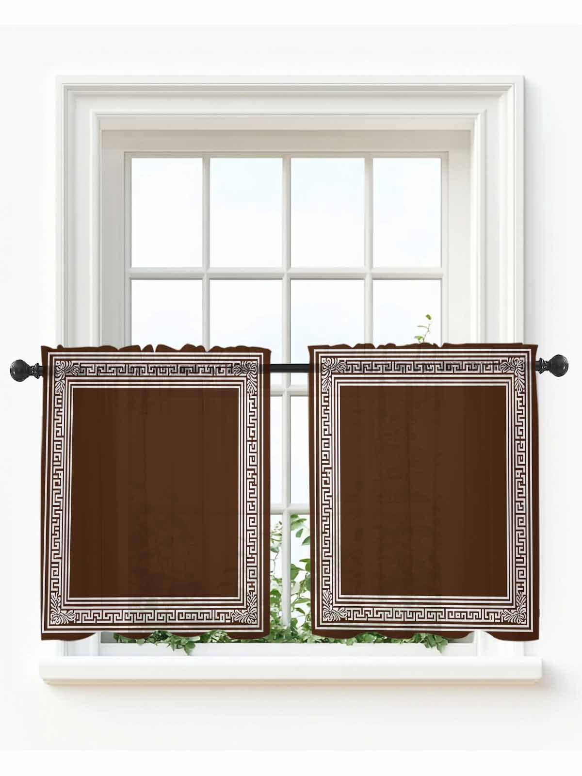 Coffee Brown Greek Key Tier Curtains 24 Inch Length,Sheer Curtains for ...