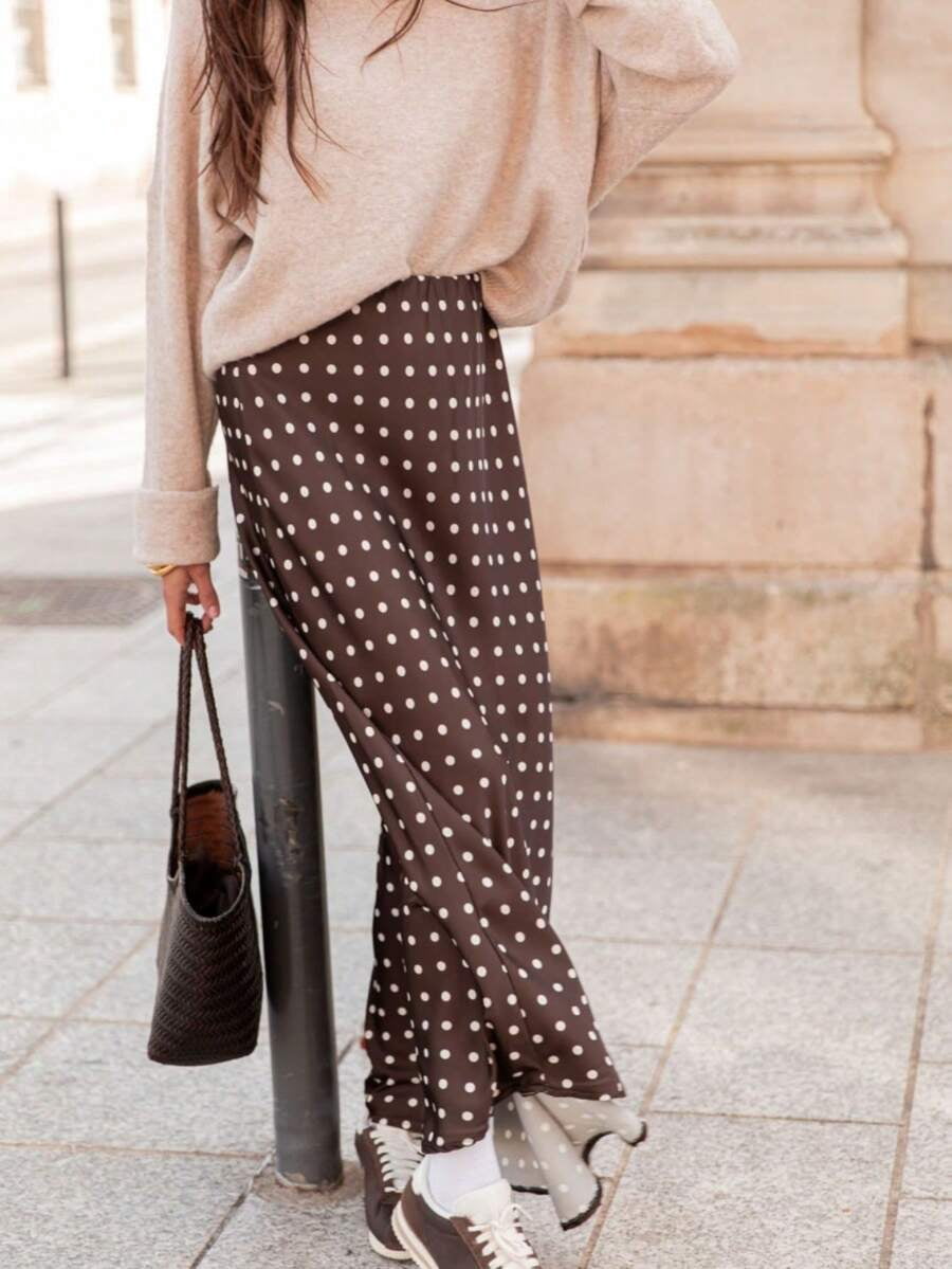 Coffee Brown Polka Dot Satin A-Line Maxi Skirt Flowy Long Skirt ...