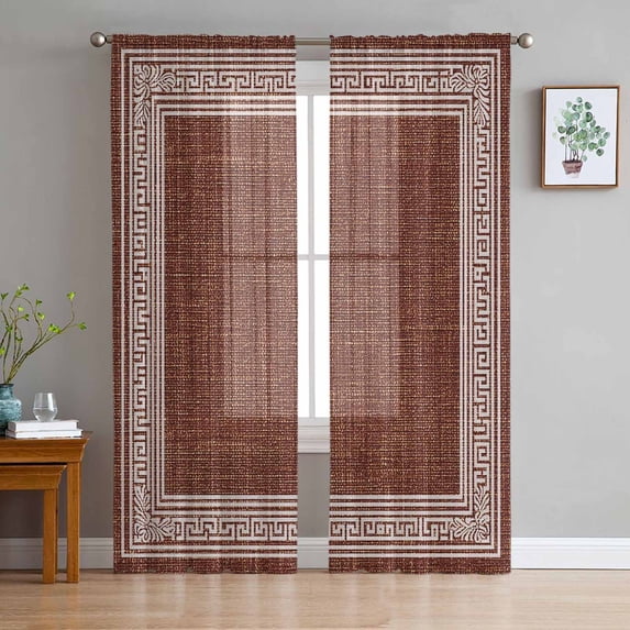 Coffee Brown Retro Greek Key Sheer Curtains 84 Inches Long 2 Panels Set ...
