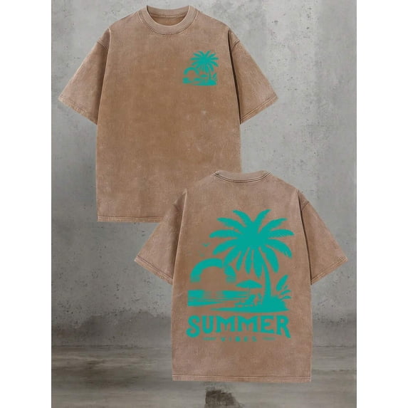 Coffee Brown Short Sleeve T-Shirt With Teal Palm Tree Graphic Relaxed ...
