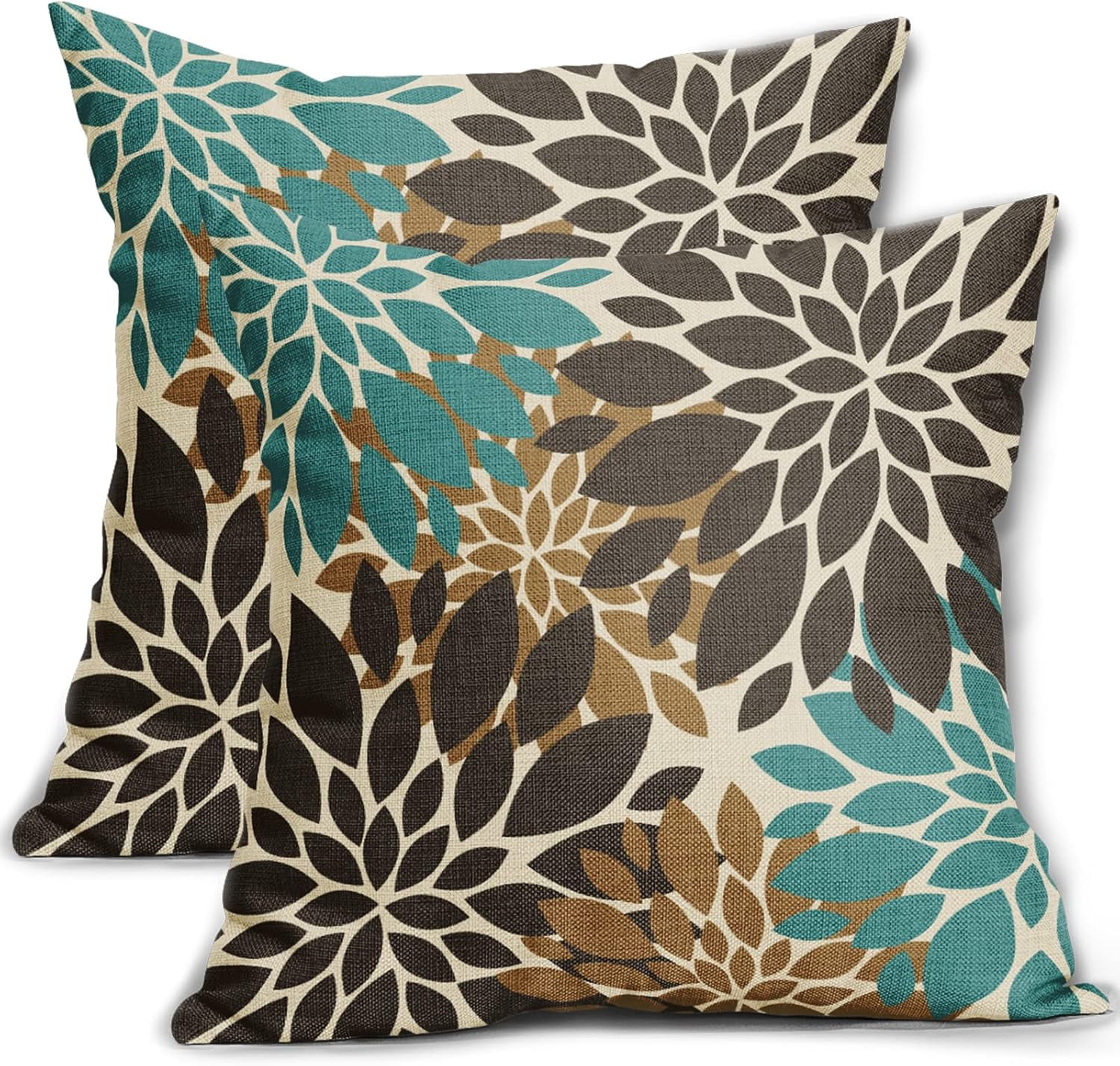 Coffee Brown Teal Pillow Covers 18x18 Set of 2 Modern Dahlia Floral ...