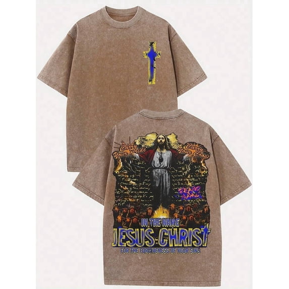 Coffee Brown Washed Cotton Mens Christian Graphic T-Shirt - Double ...