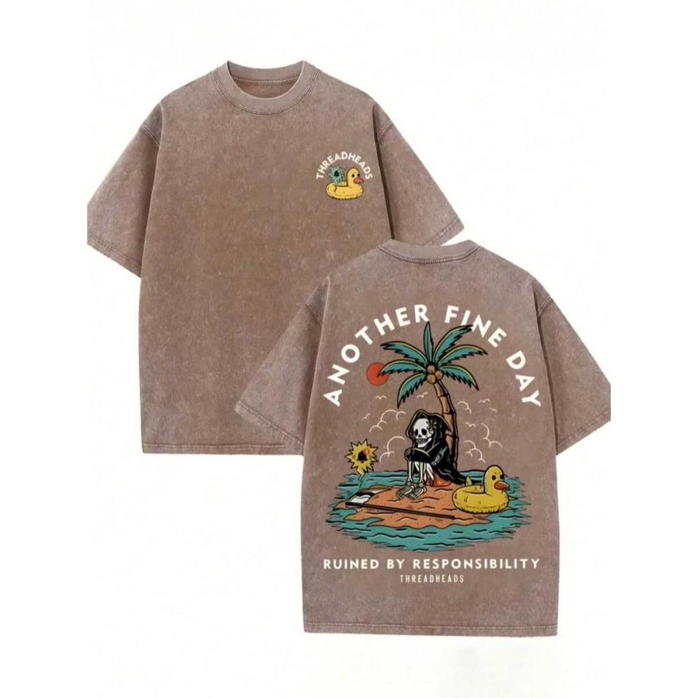 Coffee Brown Washed Cotton Retro Graphic Tee With Skull, Palm Tree ...