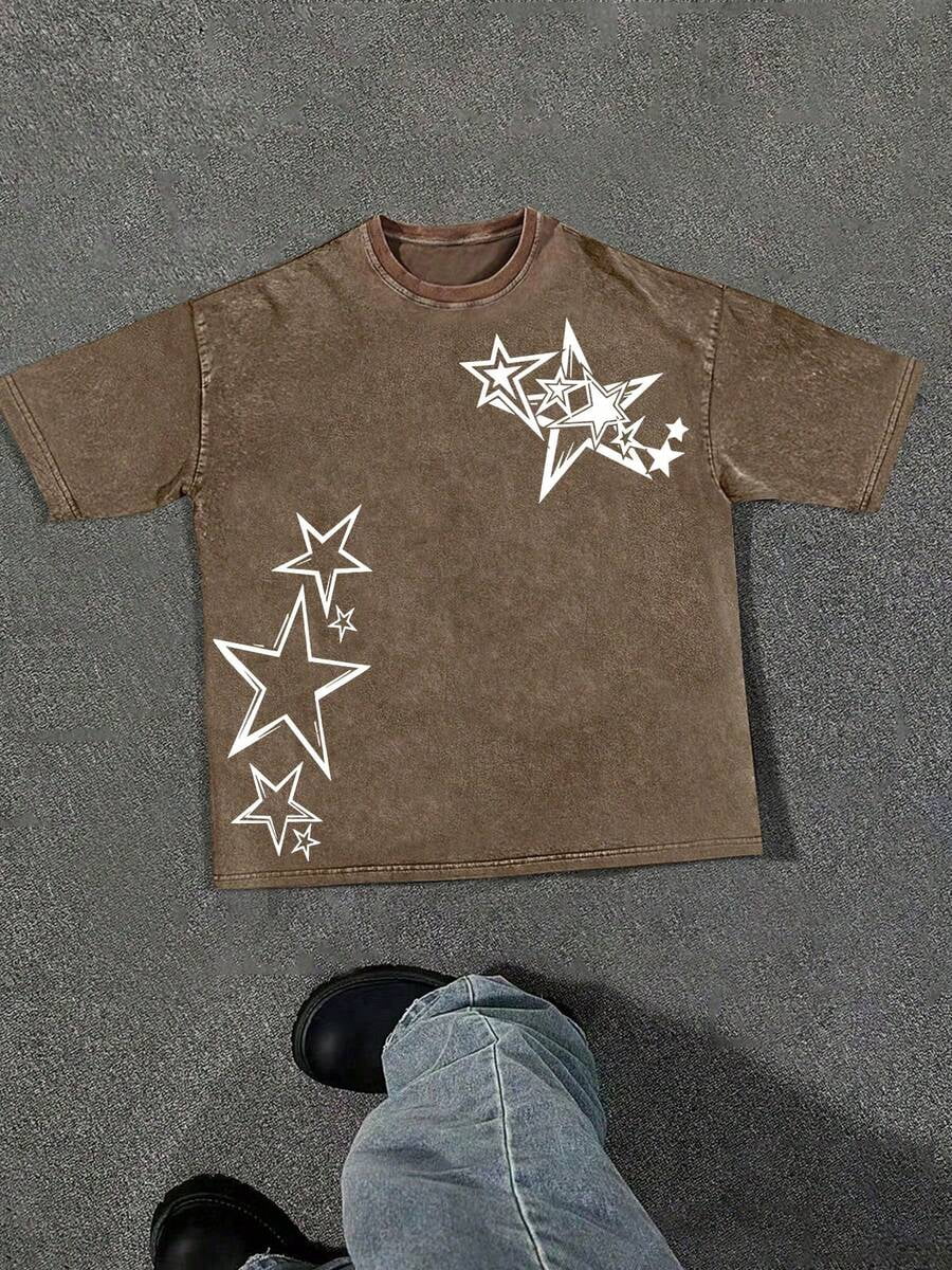Coffee Brown Washed Cotton Star Graphic Tee, Oversized Loose Crew Neck ...