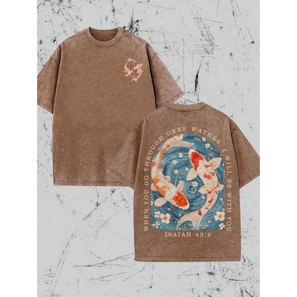 Coffee Brown Washed Graphic T-Shirt With Koi Fish And Isaiah 43:2 ...