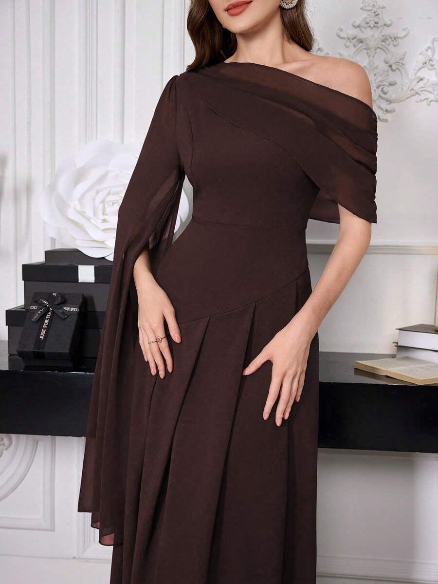 Coffee Brown Womens One Shoulder Solid Maxi Dress, Elegant Off-Shoulder ...