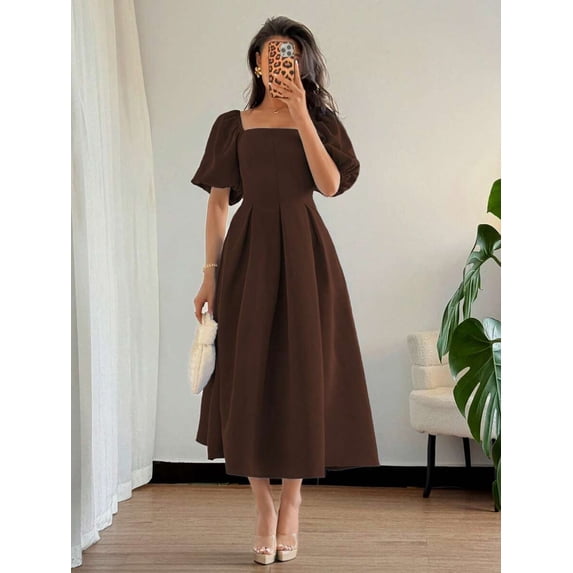 Coffee Brown Womens Square Neck Puff Sleeve Pleated Midi Dress For ...