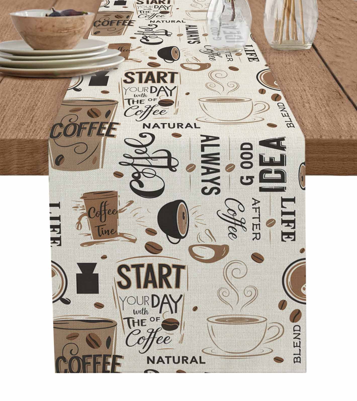 Coffee Burlap Cotton Table Runner 13x120 Inches Long, Brown Beans Cup ...
