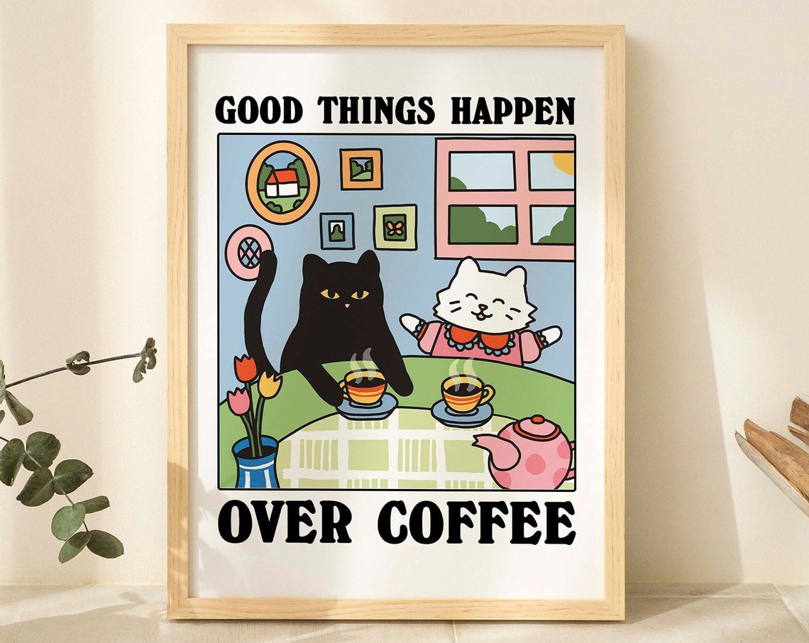 Coffee Cafe Cat Print, Retro Drink Poster, Bistro Coffee Cake Posters ...