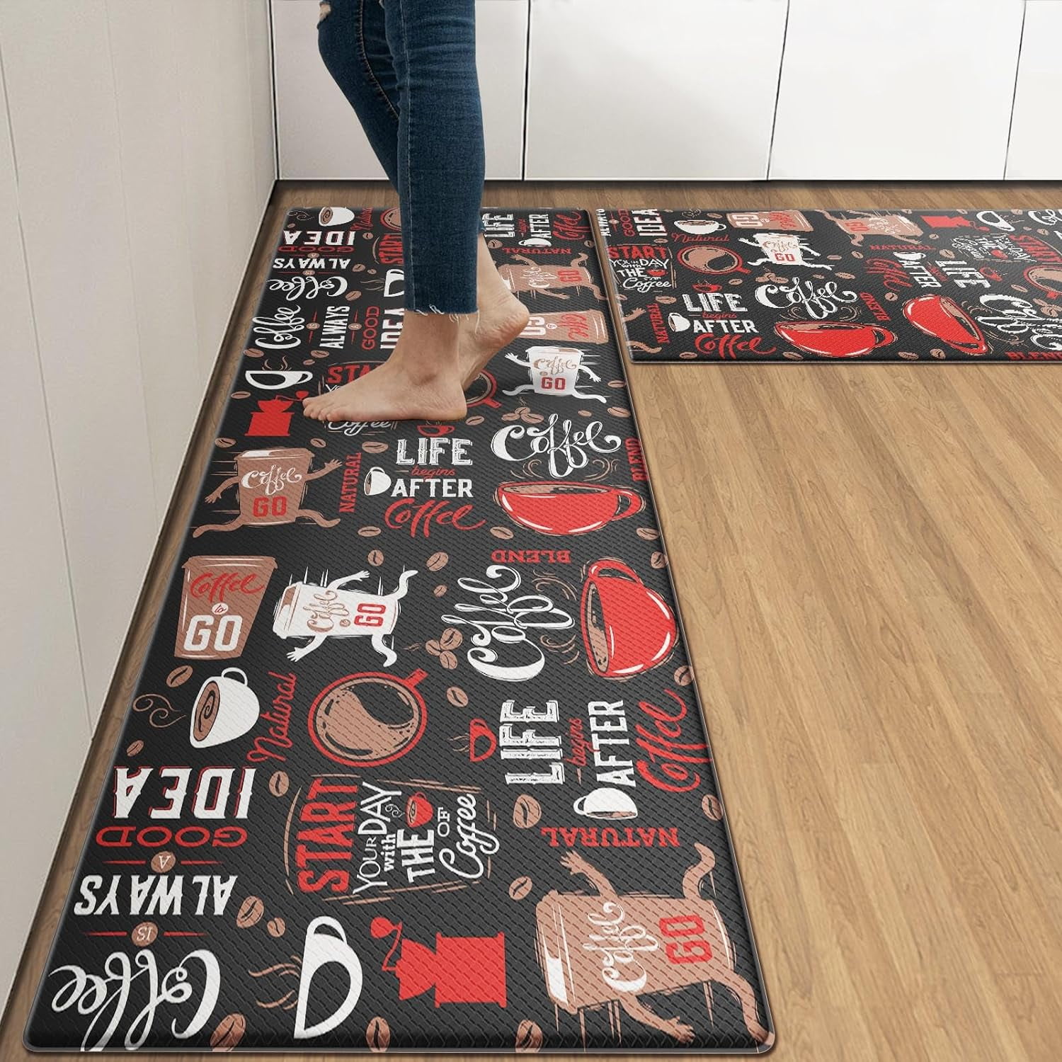 Coffee Cafe Vintage Anti-Fatigue Kitchen Rug Set of 2 Red Black Retro ...