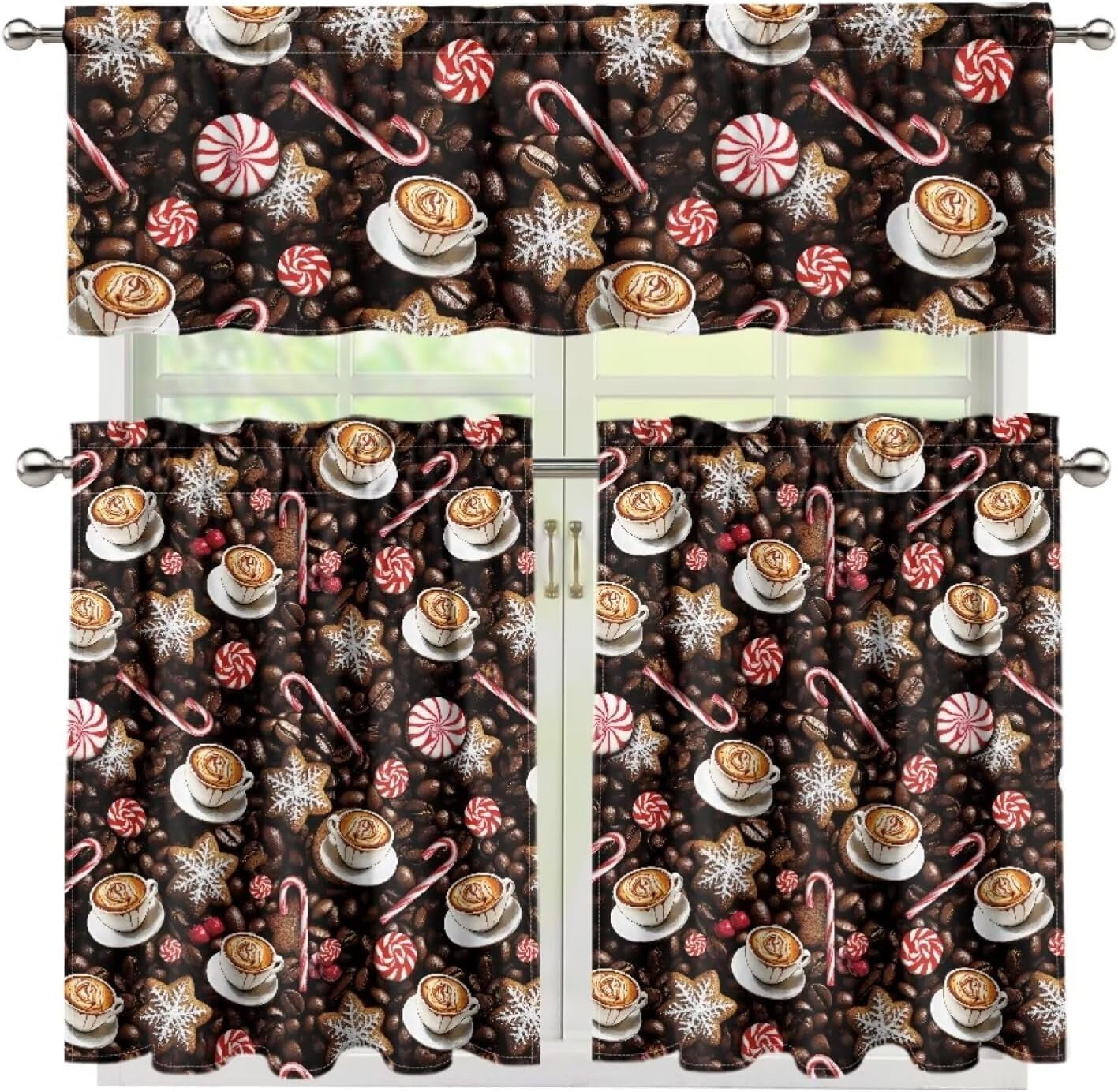 Coffee and Cane Candy Kitchen Curtain Valance and Tiers Set of 3 Coffee ...