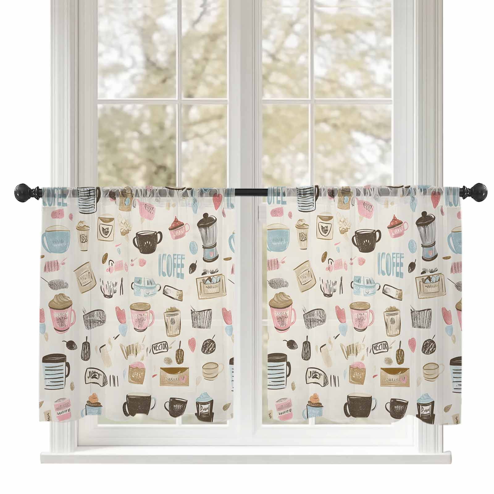 Coffee Cappuccino Sheer Curtains 45 inches Long 2 Panels Set Cartoon ...