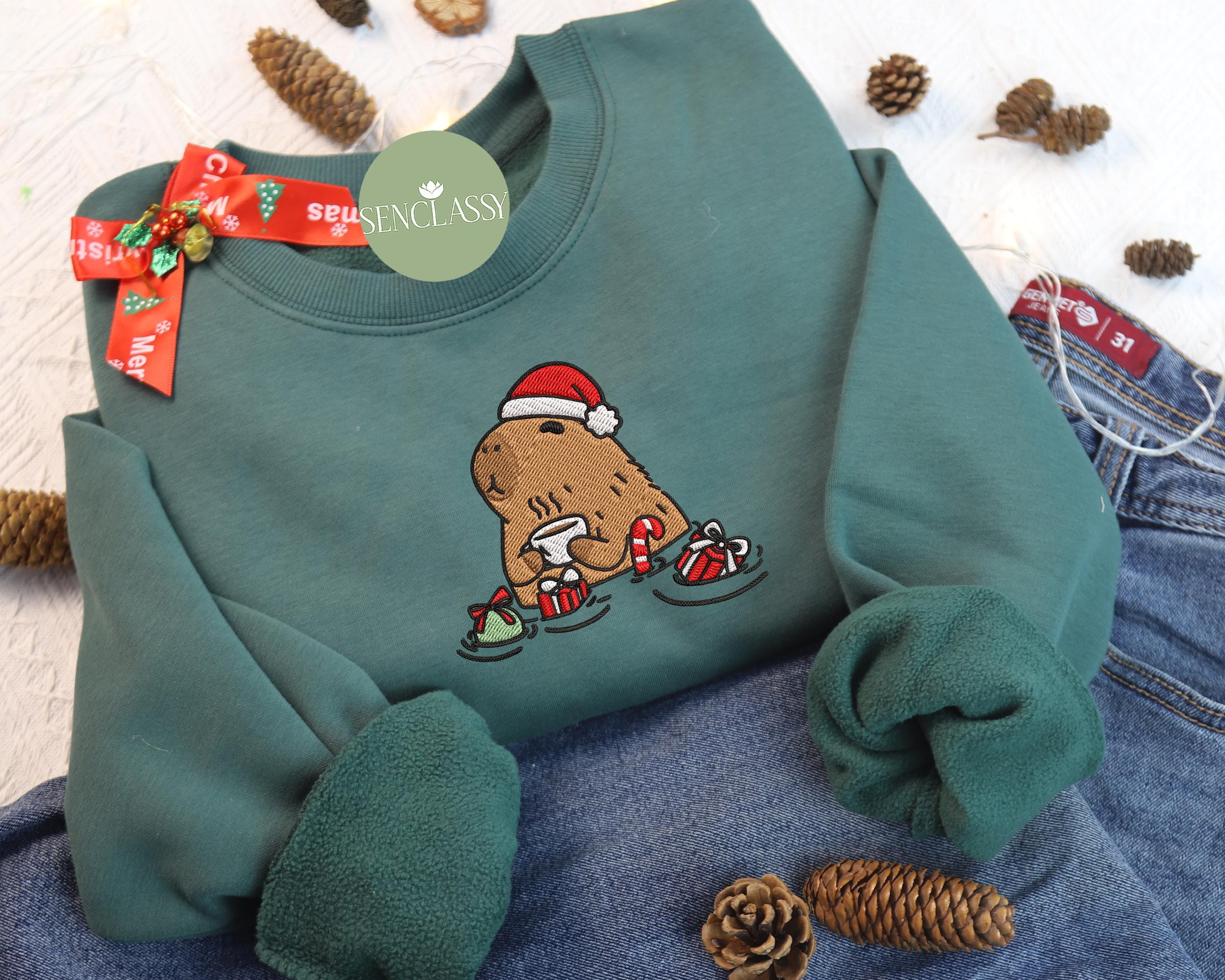 Coffee Capybara Christmas Embroidered Sweatshirt, Coffeebara Holiday ...