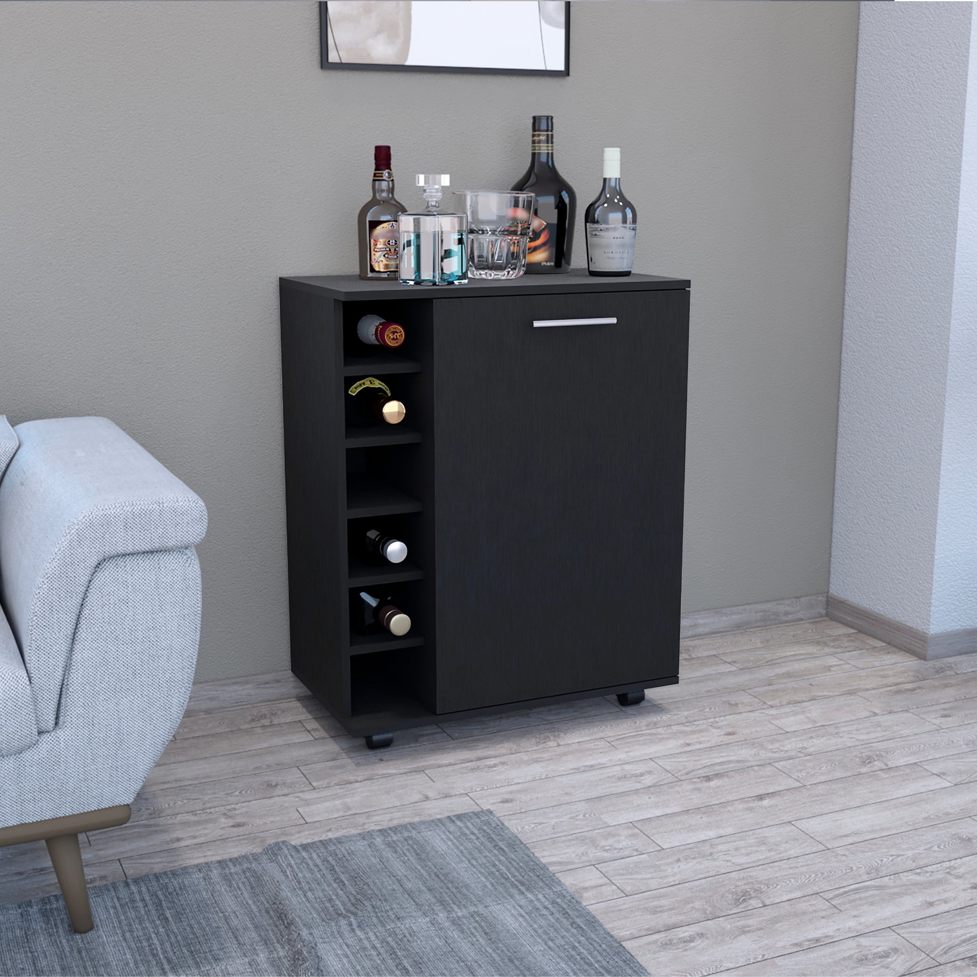 Coffee Cart Bar With 6 Bottle , 4 Wheels, Black, Spacious Storage For ...