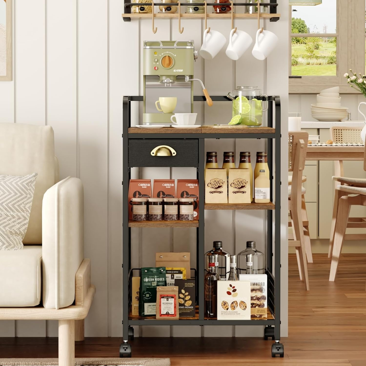 Coffee Cart with Wheels & Drawer, Coffee Bar Cart on Wheels, 4-Tier ...