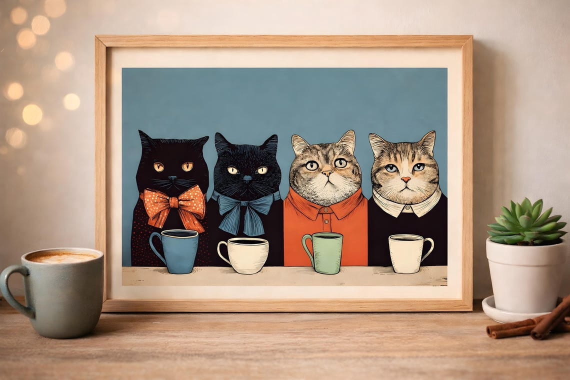 Coffee Cat Art Print, Vintage Cozy Kitchen Decor, Unframed Paper Poster ...